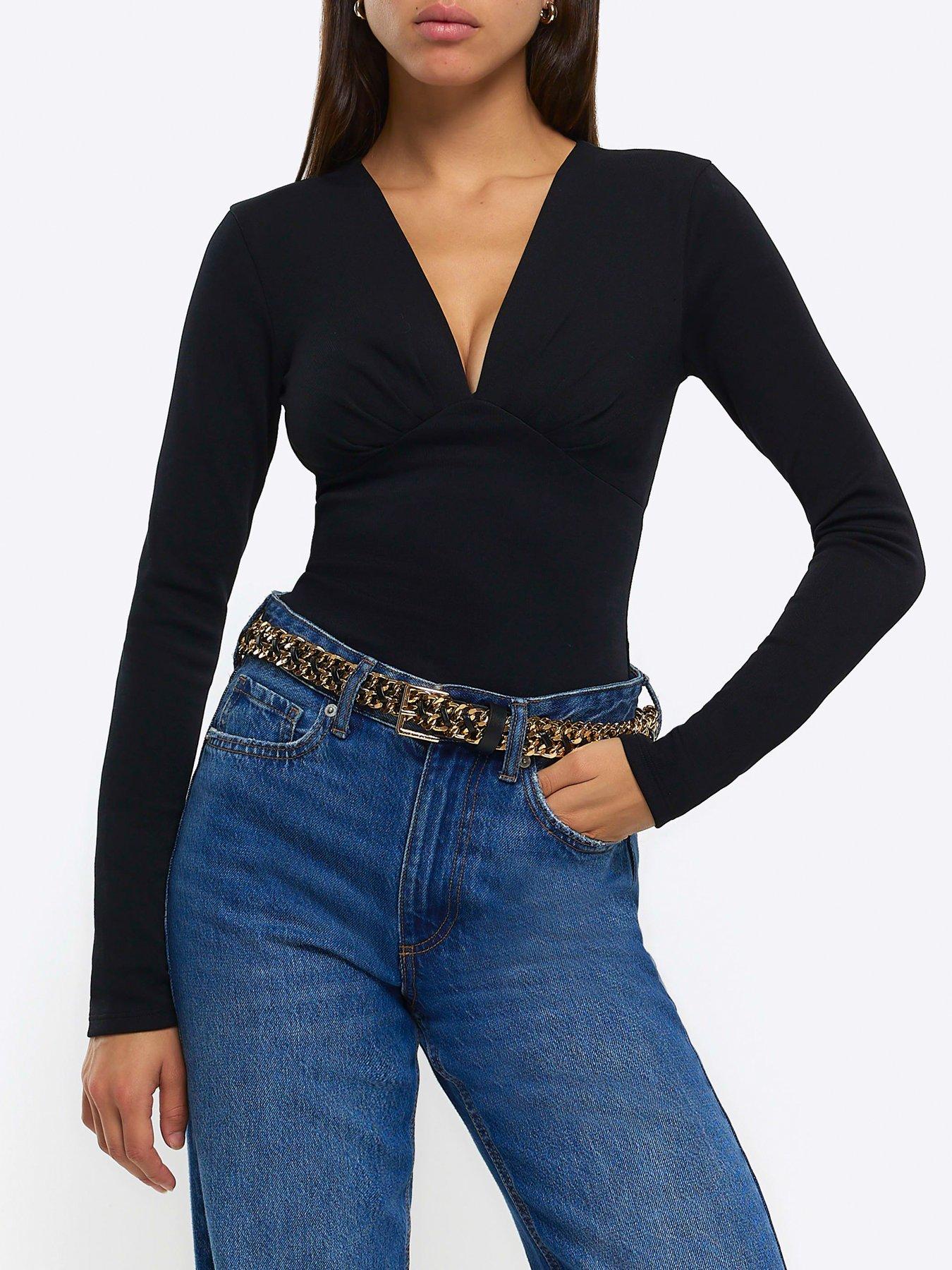 River Island Plunge Long Sleeve Bodysuit Black Uk