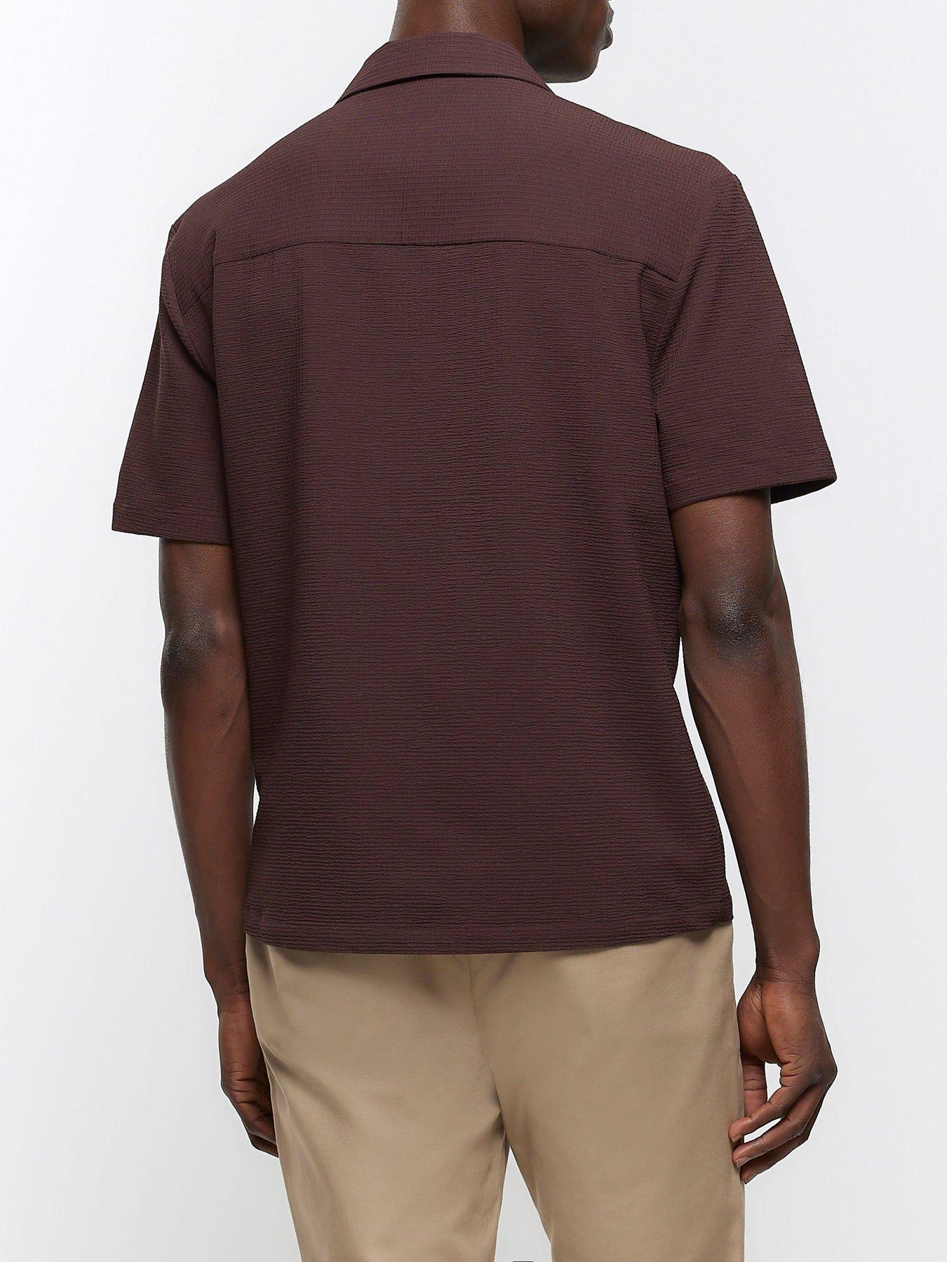 River Island Regular Fit Seersucker Revere Shirt Brown Uk