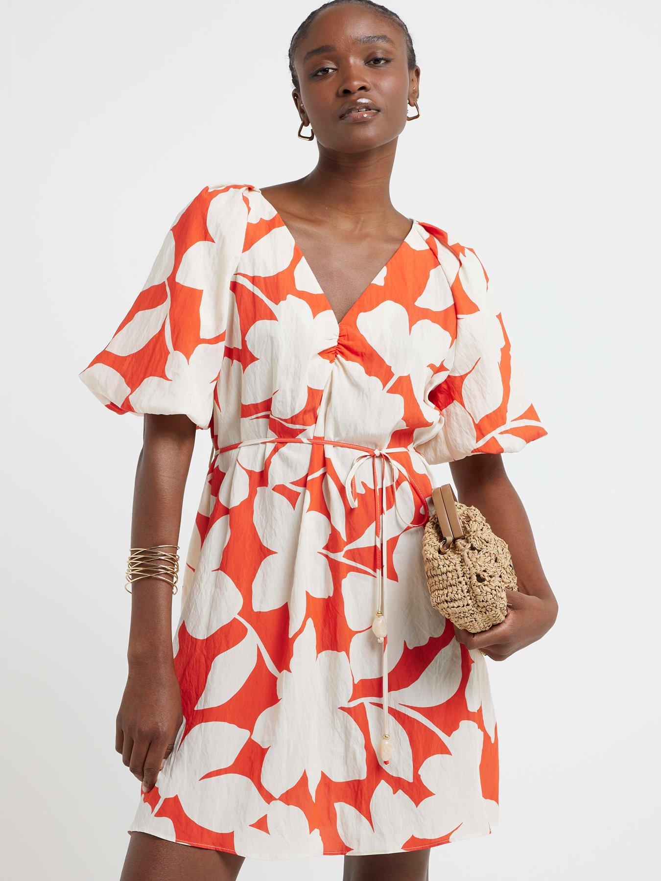 River Island Floral Puff Sleeve Shift Mini Dress | Very.co.uk