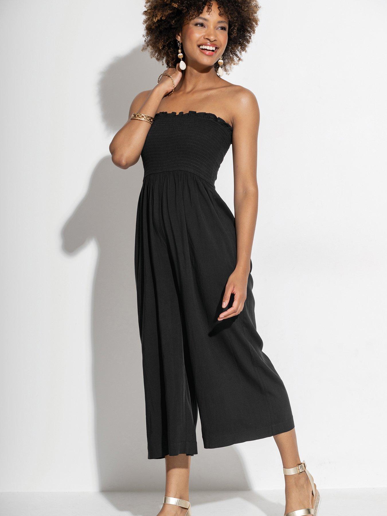 Pour Moi Strapless Shirred Bodice Crop Leg Beach Jumpsuit - Black | Very