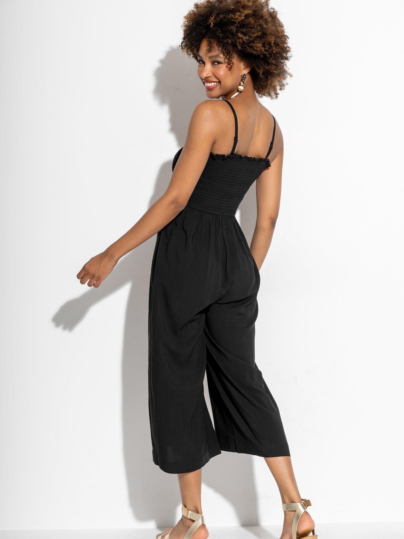 Pour Moi Strapless Shirred Bodice Crop Leg Beach Jumpsuit - Black | Very