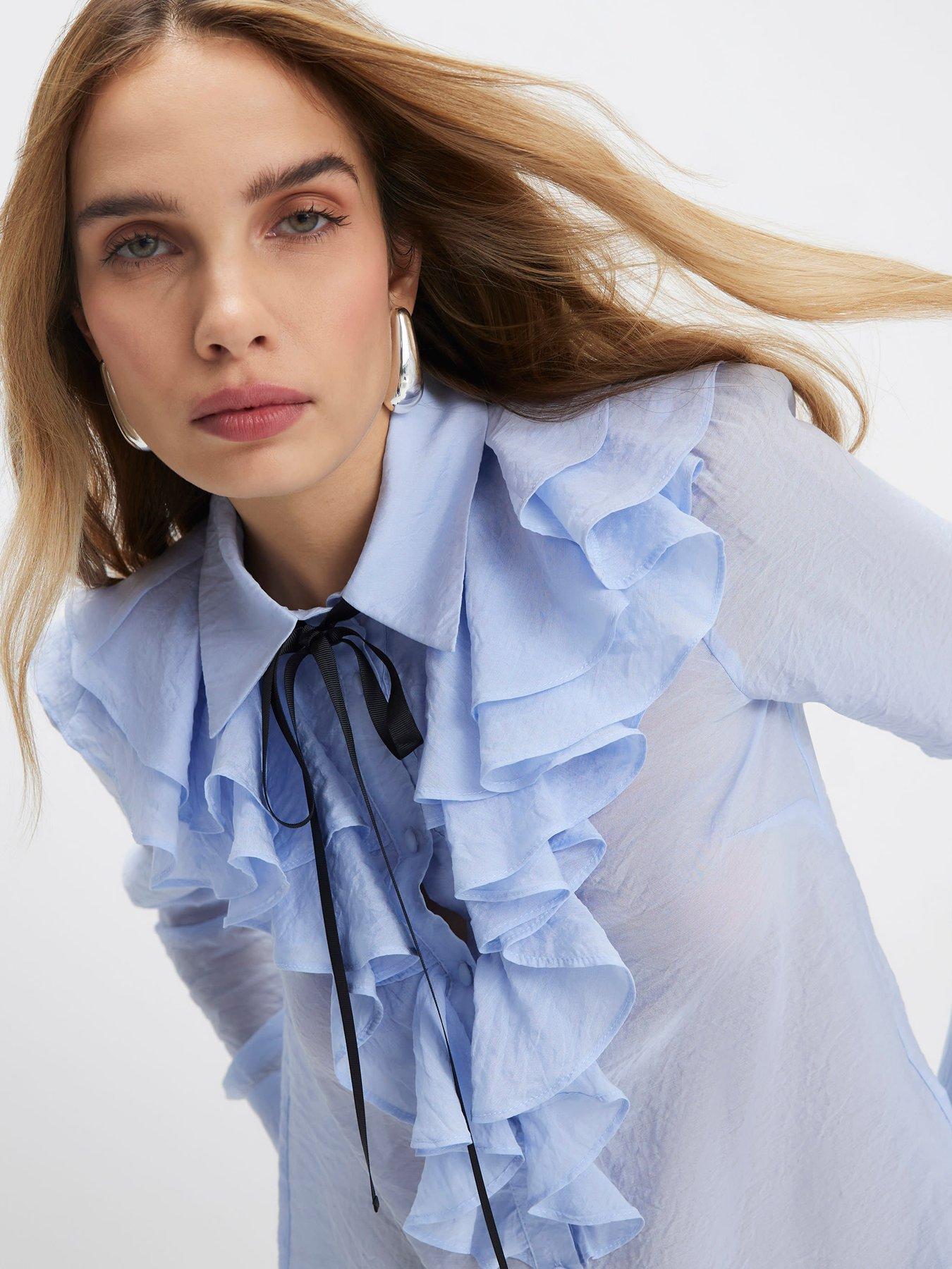 River Island Ruffle Tie Neck Blouse - Light Blue | Very