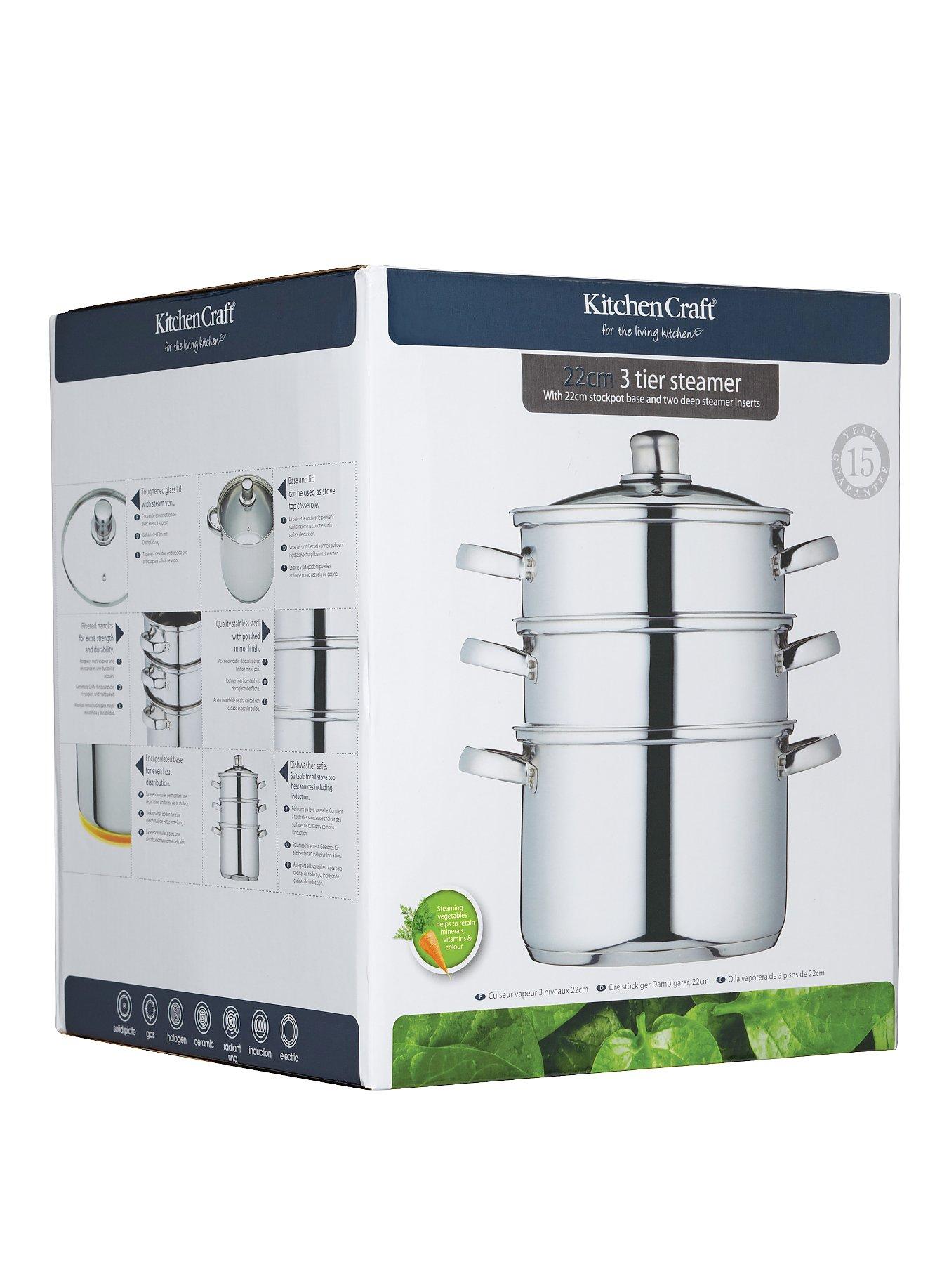 KitchenCraft 3 Tier Stainless Steel Steamer Pan with Glass Lid 22cm | Very