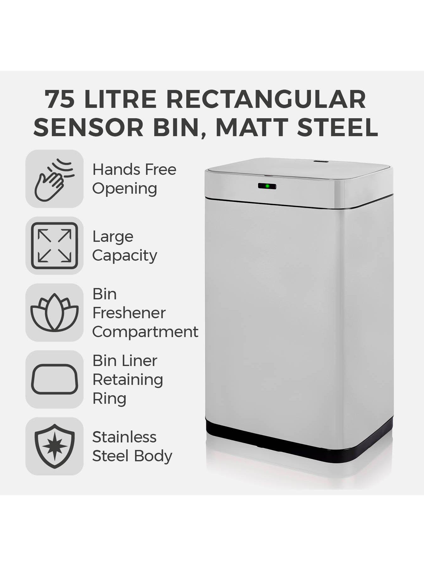 Tower 75-Litre Rectangular Sensor Bin – Matt Steel | Very