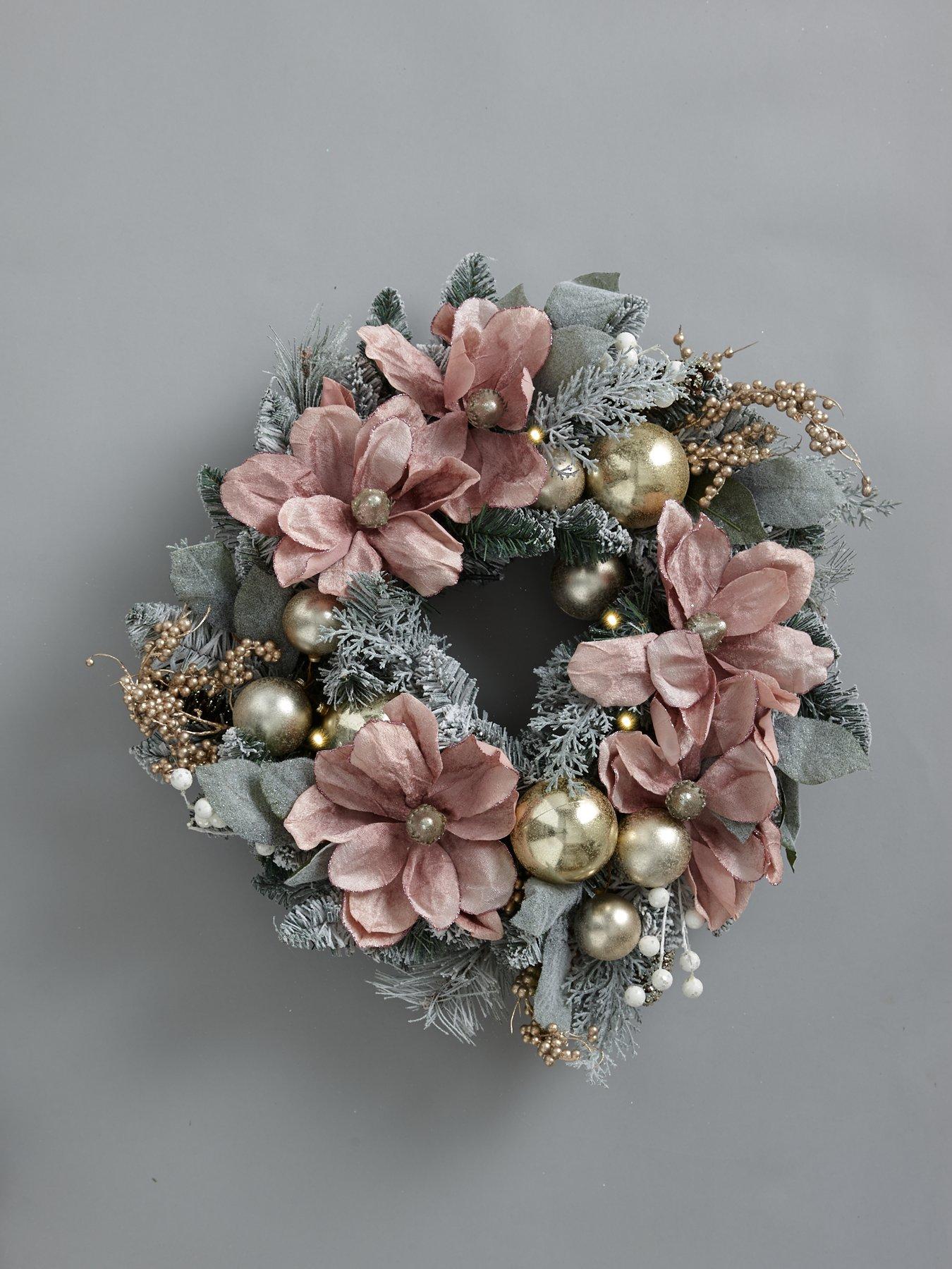 Frosted Rose Pre Lit Magnolia Wreath Uk