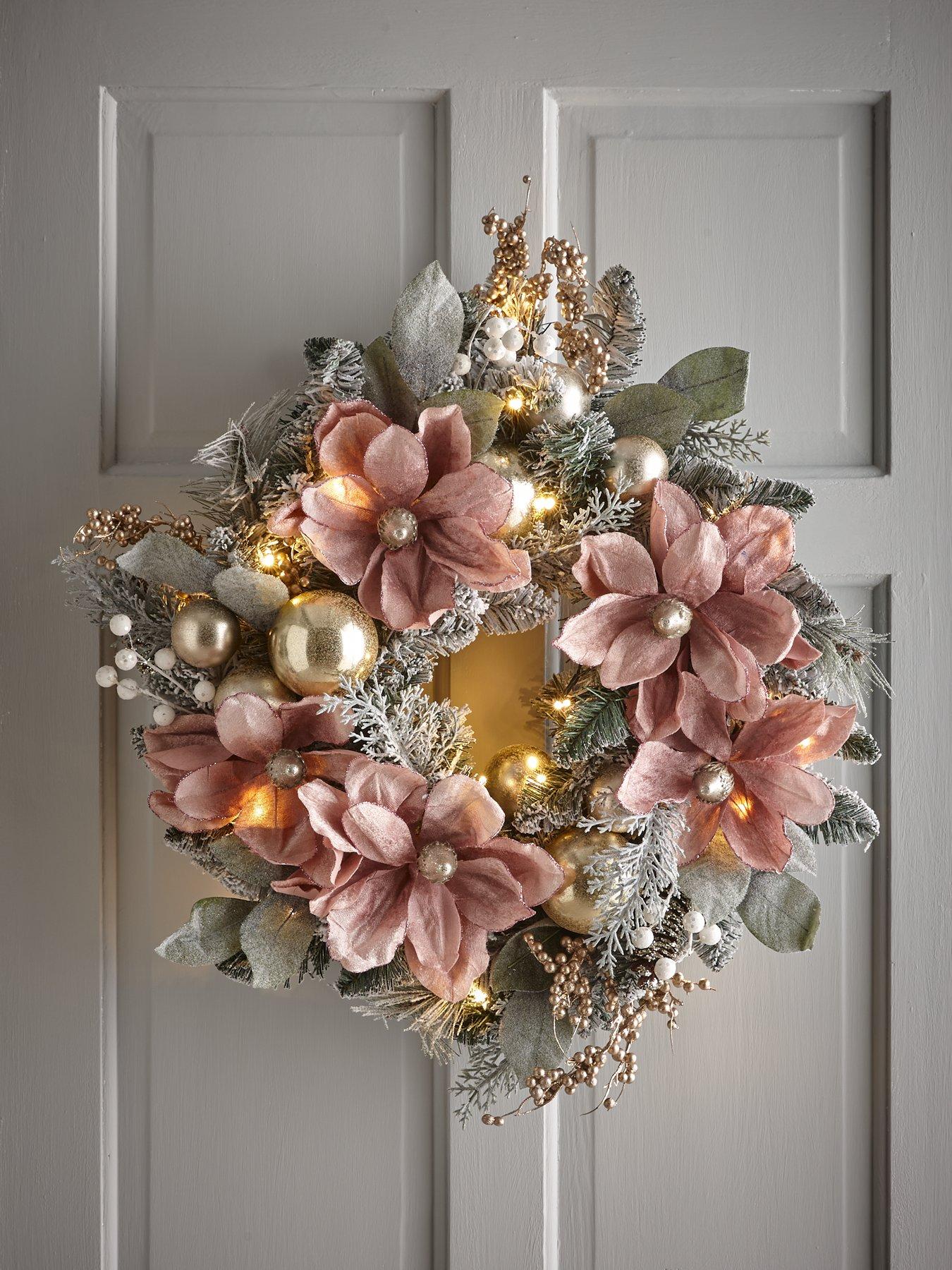 Frosted Rose Pre Lit Magnolia Wreath Uk