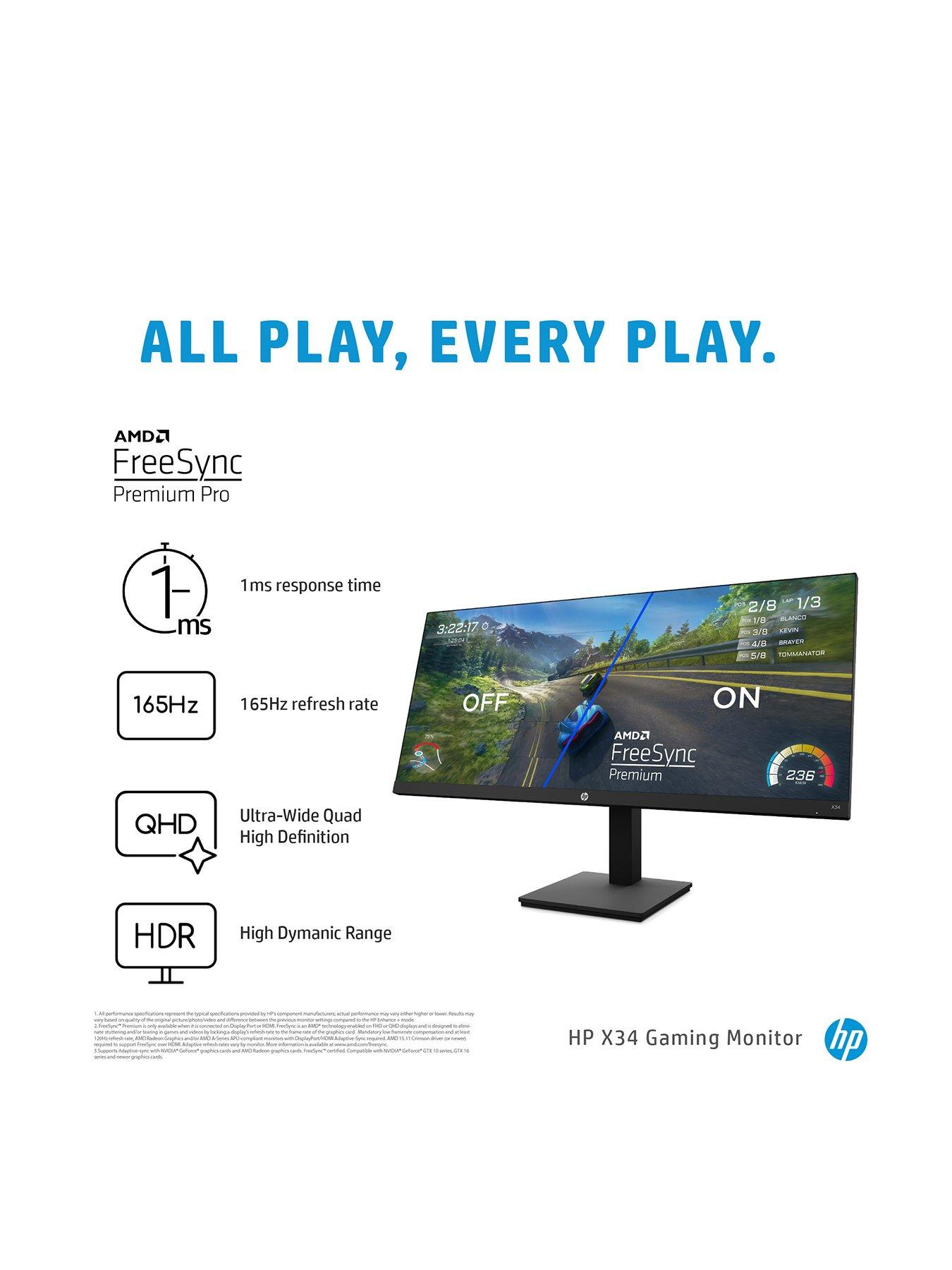 HP X34 34in Ultra Wide QHD 165Hz FreeSync 1ms IPS Gaming Monitor | very ...