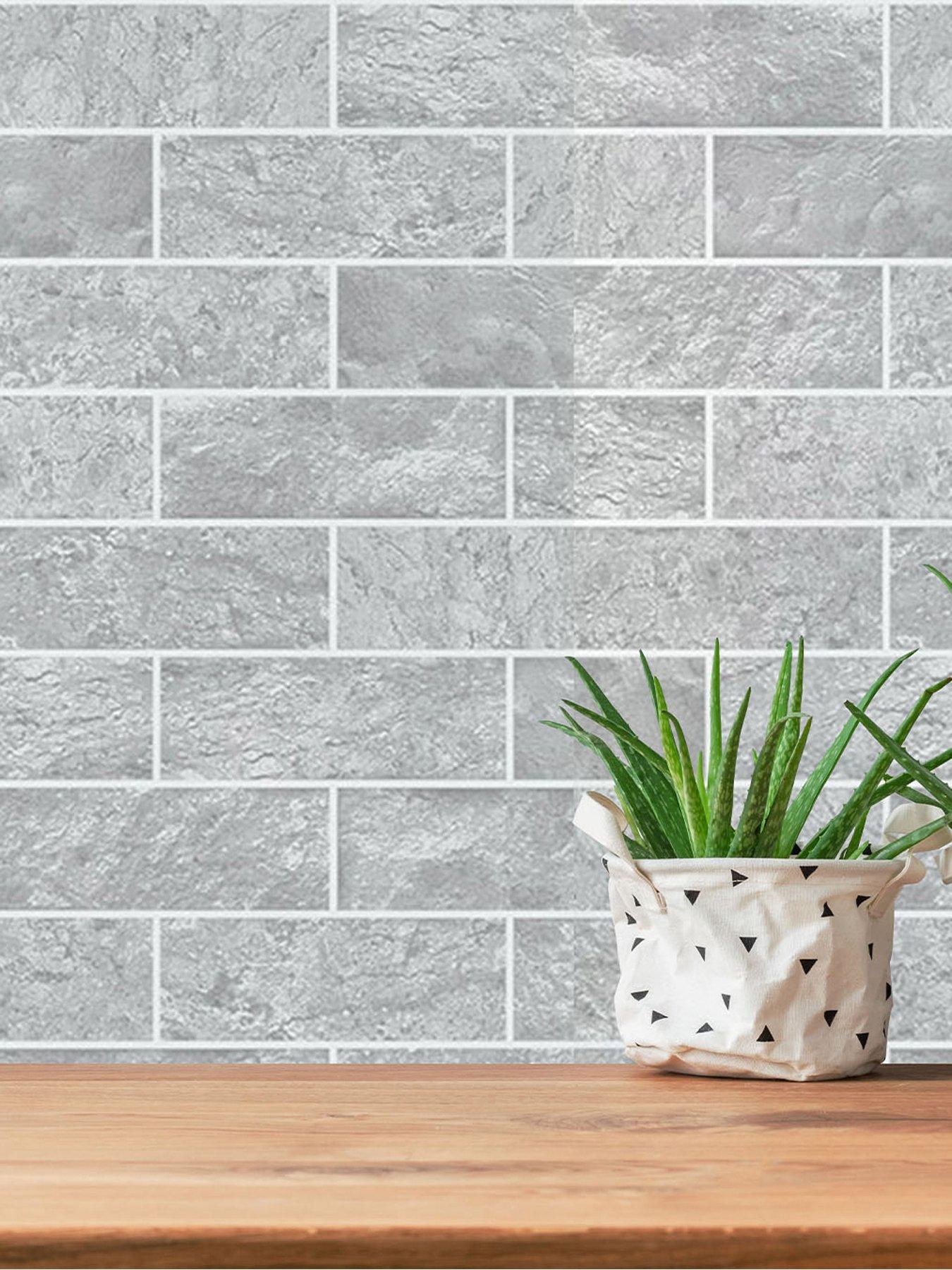 Contour Grey Tile Kitchen & Bathroom Wallpaper | Very