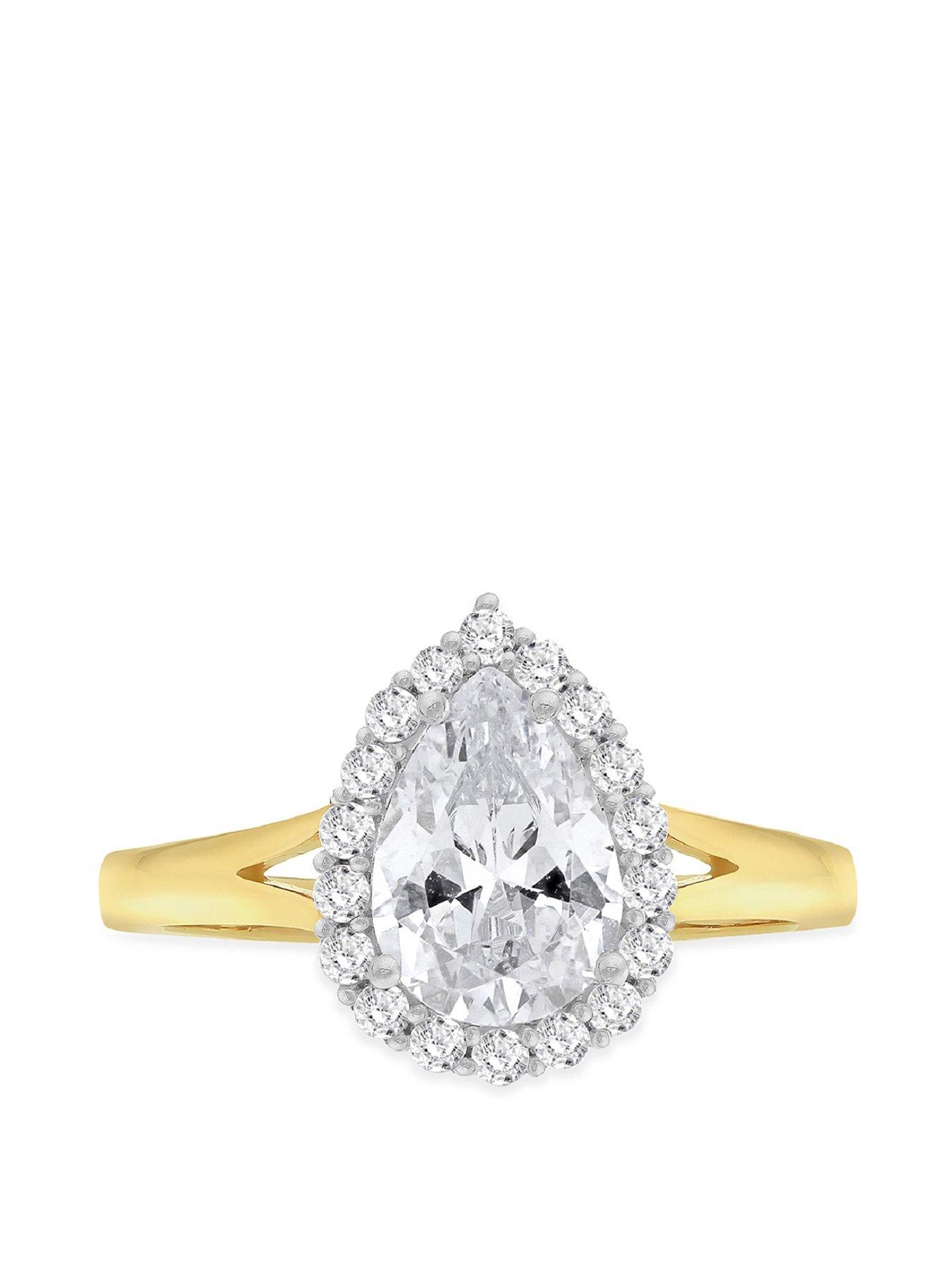 The Love Collection 9ct Yellow Gold Pear CZ Split-Shoulder Halo Ring | Very