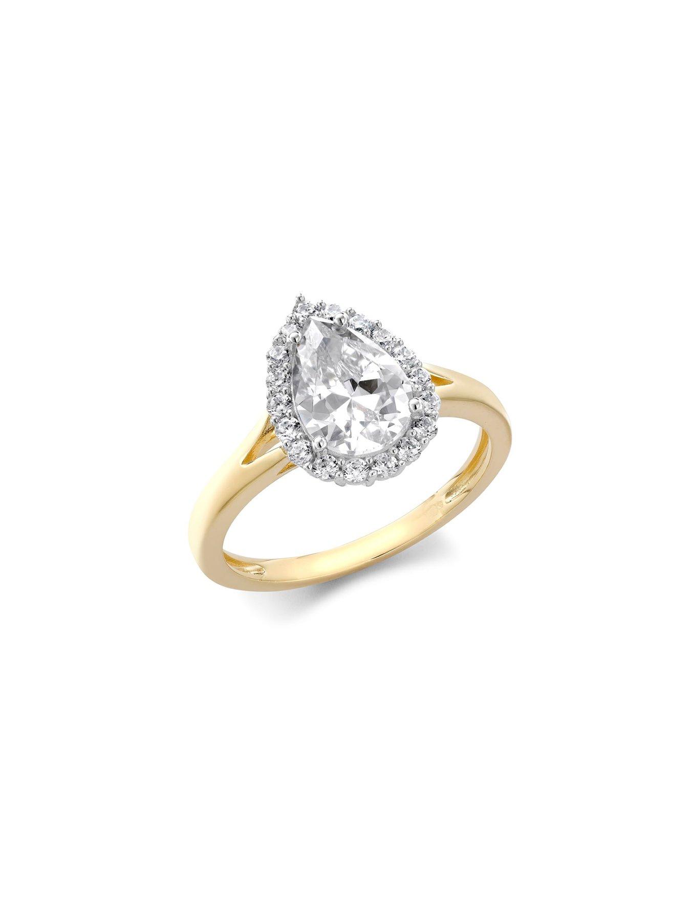 The Love Collection 9ct Yellow Gold Pear CZ Split-Shoulder Halo Ring | Very