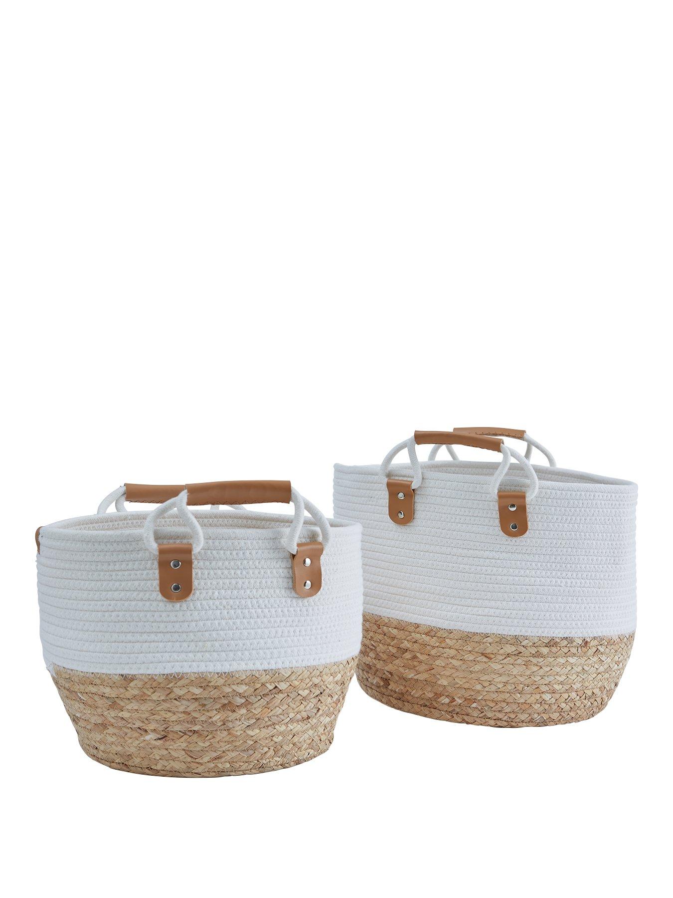 Set of 2 Round Cotton Seagrass Storage Baskets