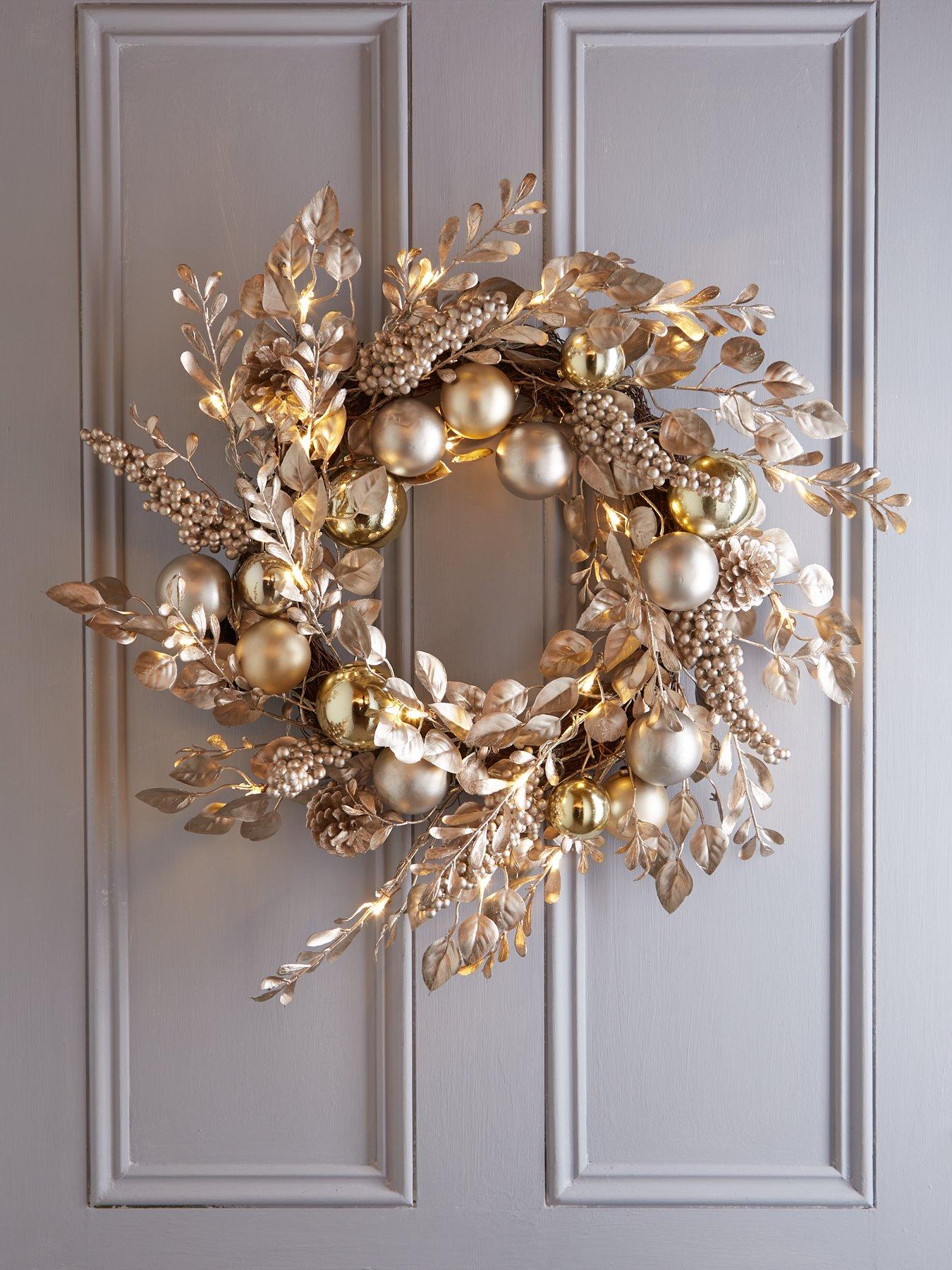 Very Home Champagne Gold Pre-Lit Christmas Wreath - 60 cm | very.co.uk