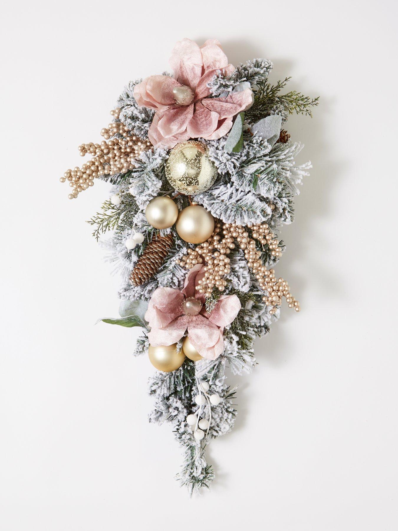 Very Home Frosted Rose Pre Lit Teardrop Christmas Wreath 70 X 26 7 Cm