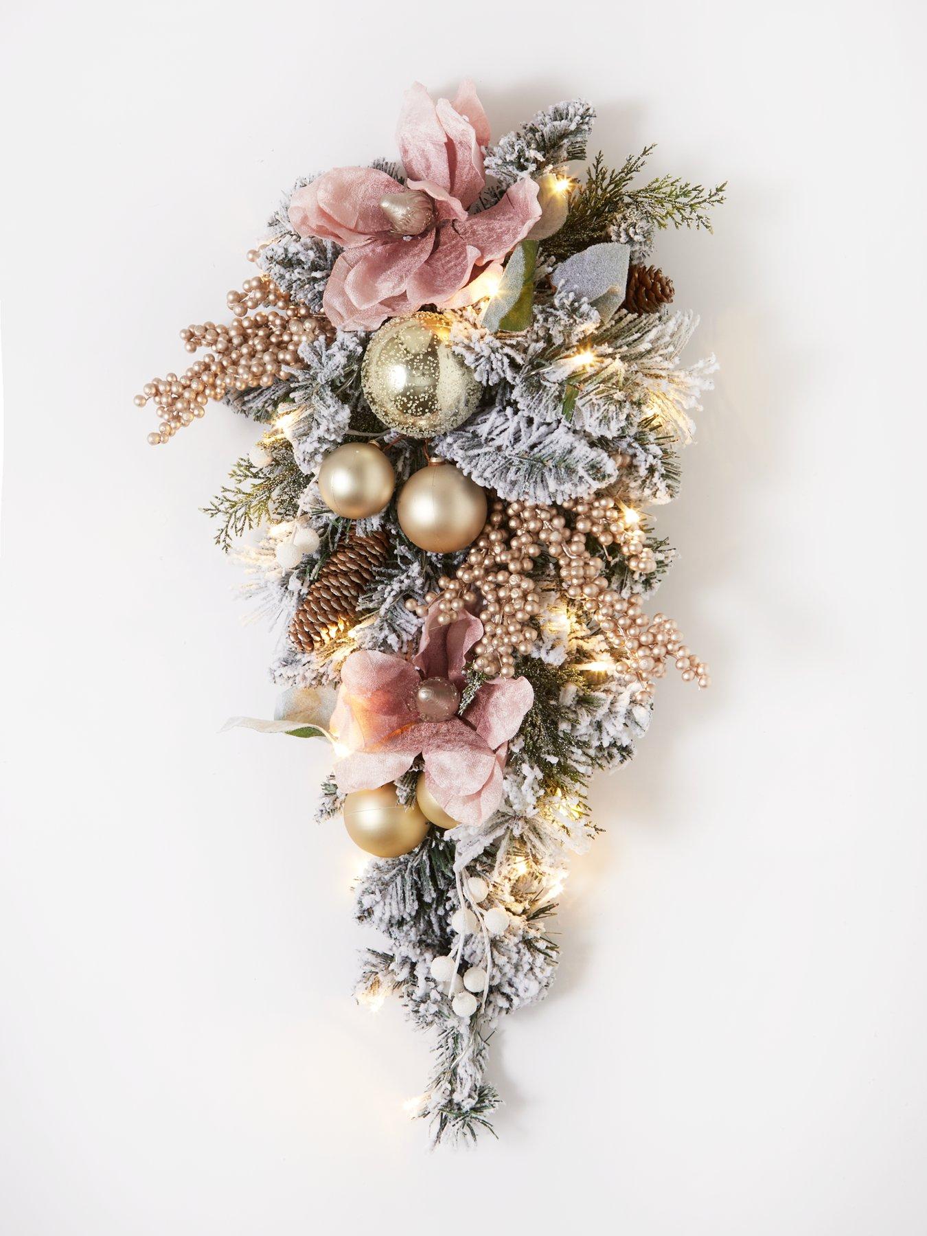 Very Home Frosted Rose Pre Lit Teardrop Christmas Wreath 70 X 26 7 Cm