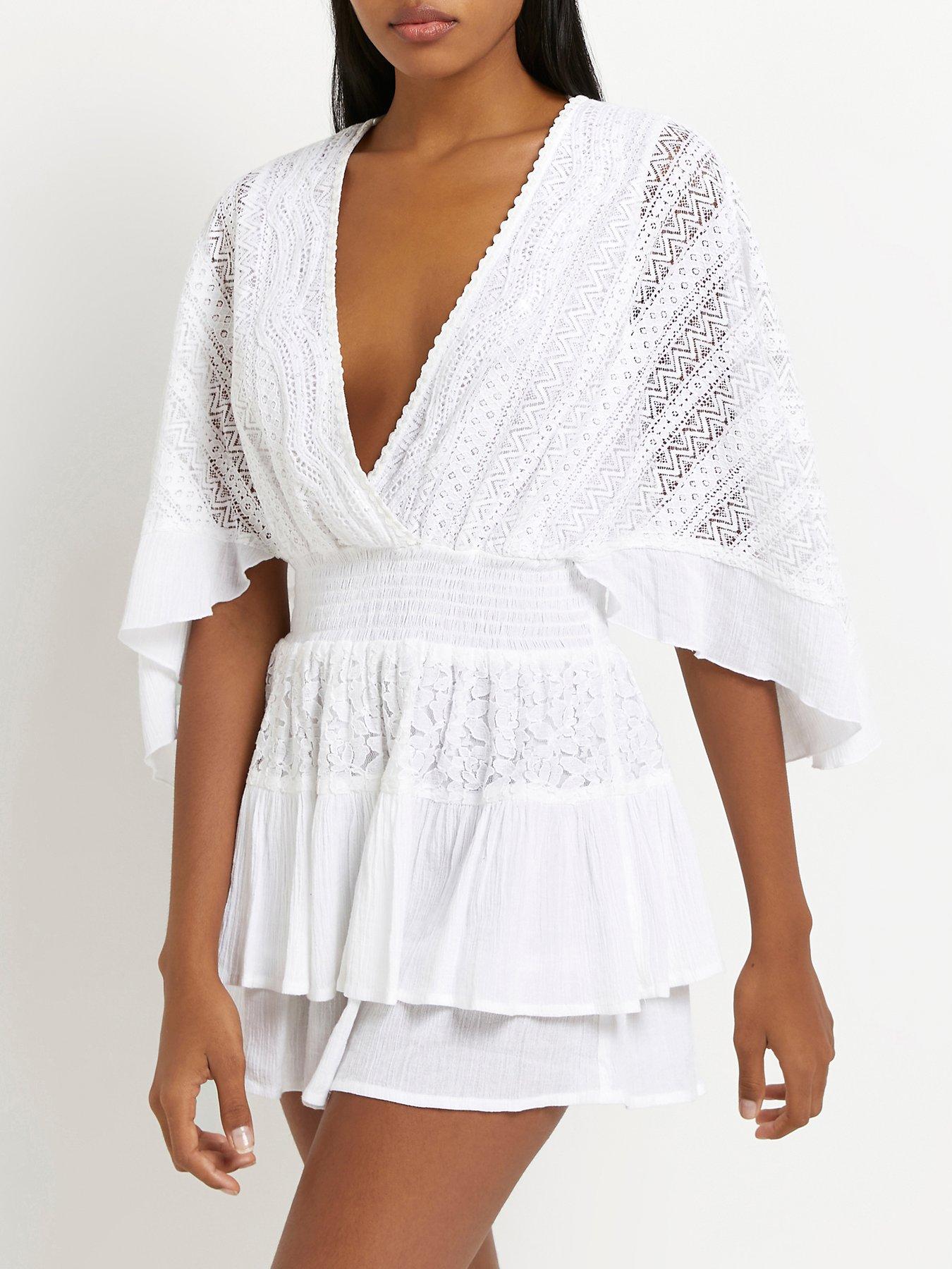 River Island Lace Sleeve Beach Playsuit White Uk