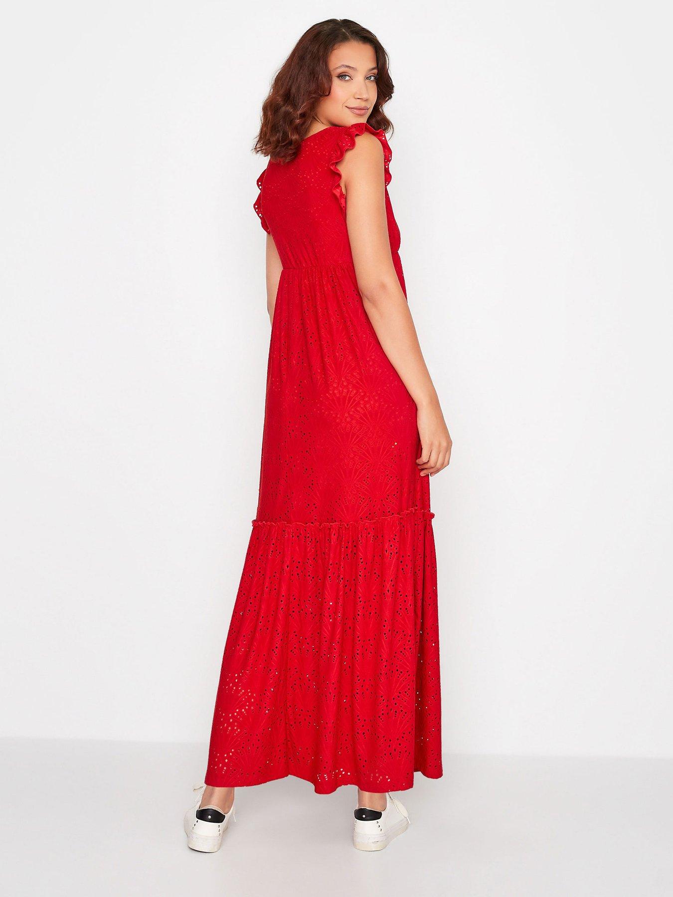 Long Tall Sally Deep V Broderie Tiered Maxi Dress Red | Very