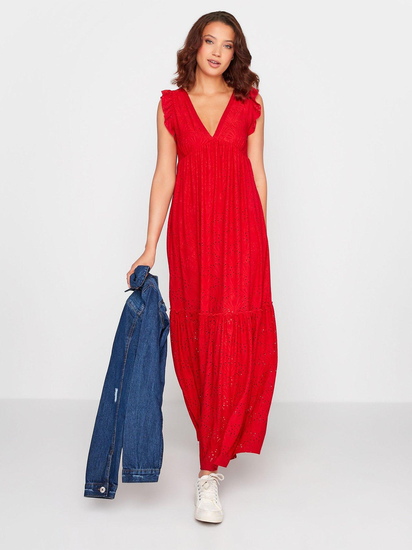 Long Tall Sally Deep V Broderie Tiered Maxi Dress Red | Very