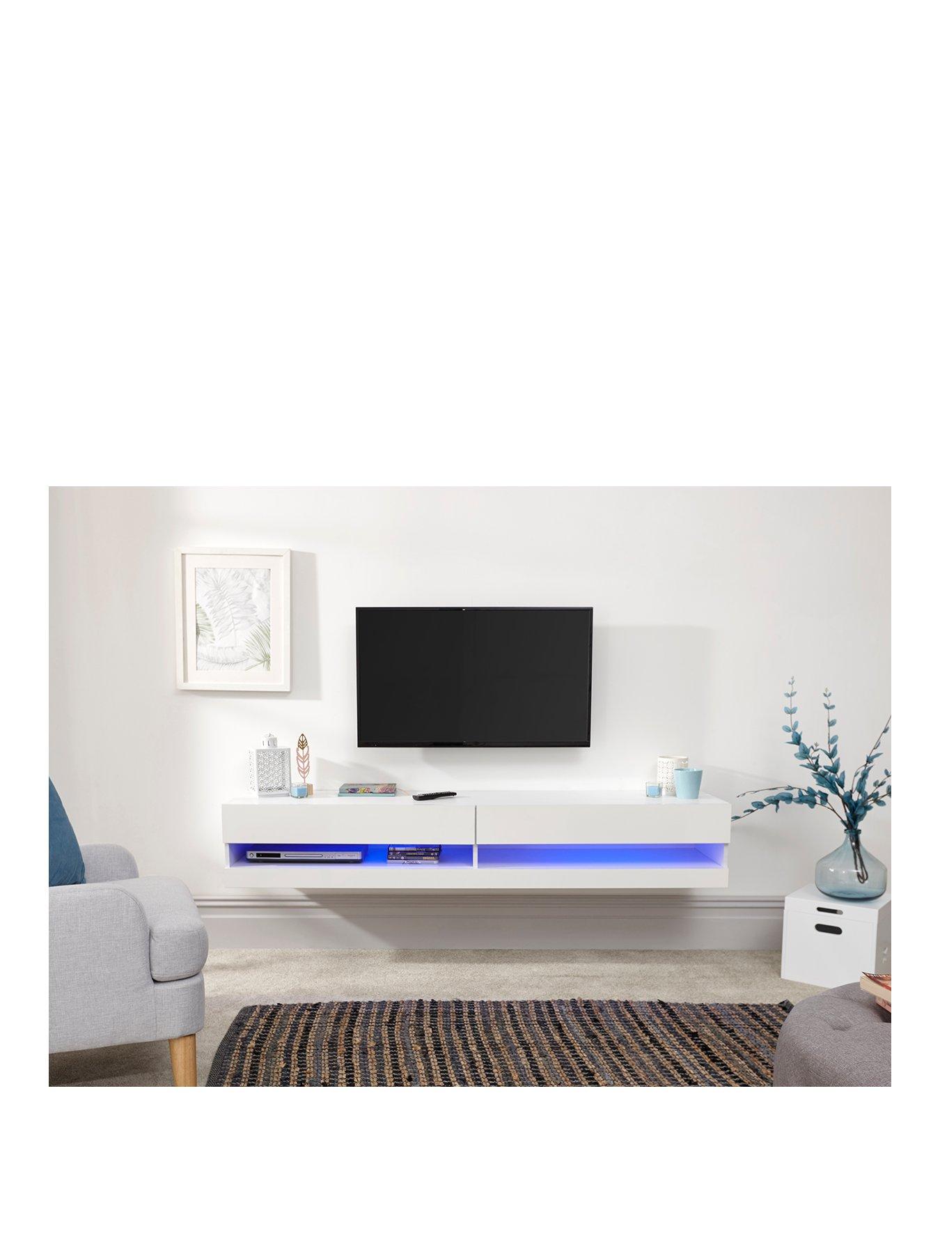 GFW Galicia 150 cm Floating Wall TV Unit with LED Lights fits up to 65 inch TV White Very
