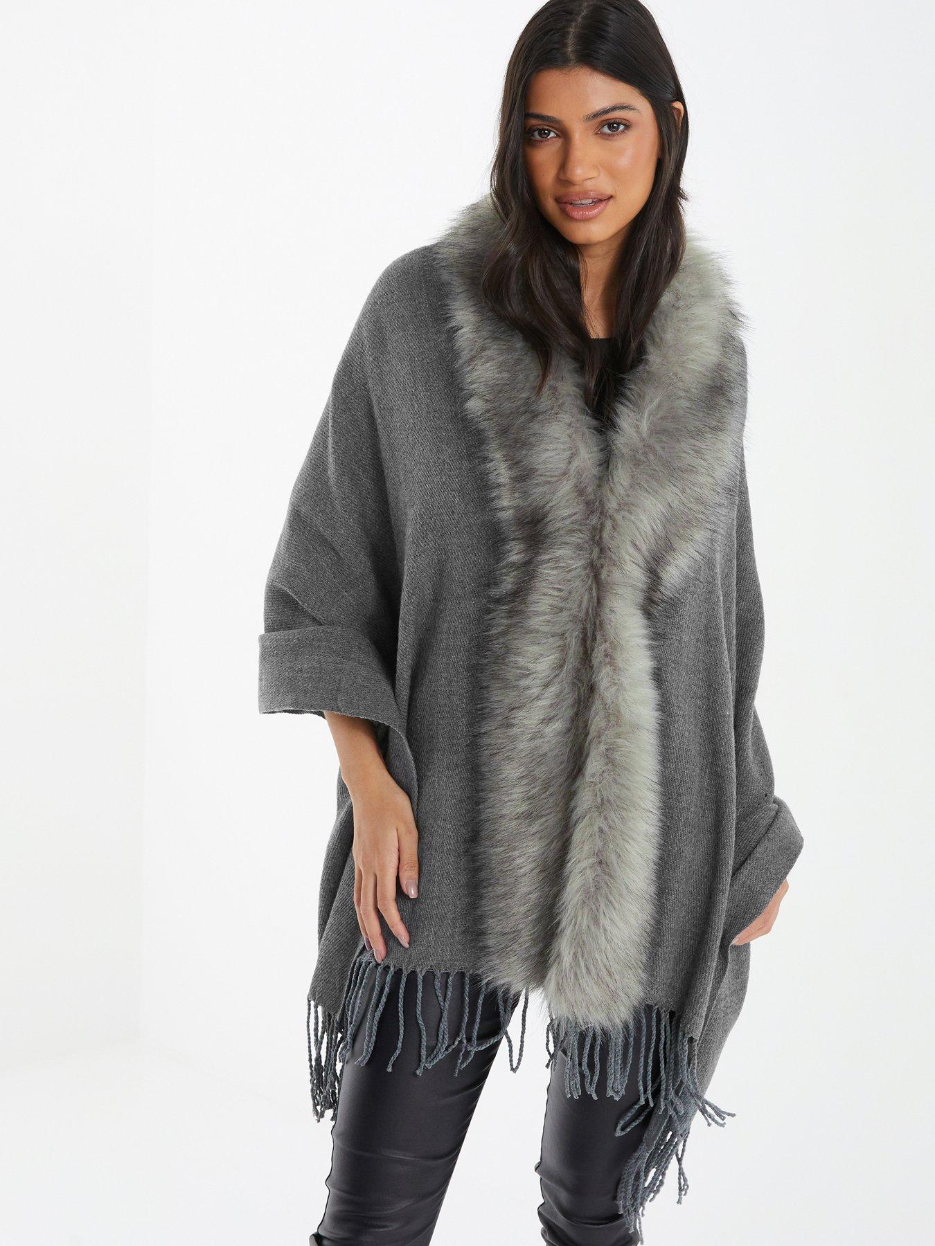 Quiz Faux Fur Trim Cape - Grey | very.co.uk