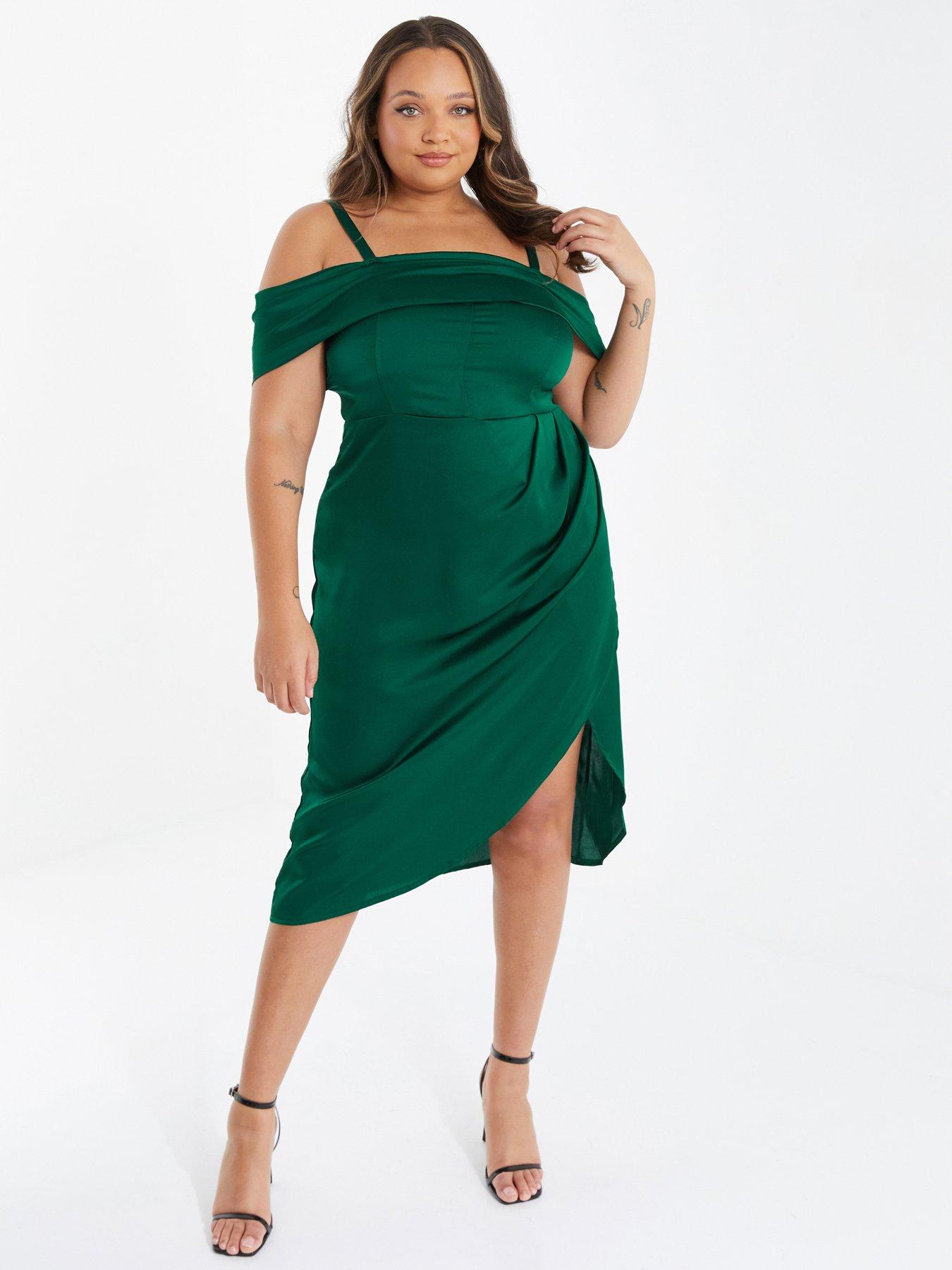 Quiz Curve Curve Curve Satin Ruched Midi Dress - Dark Green | Very.co.uk