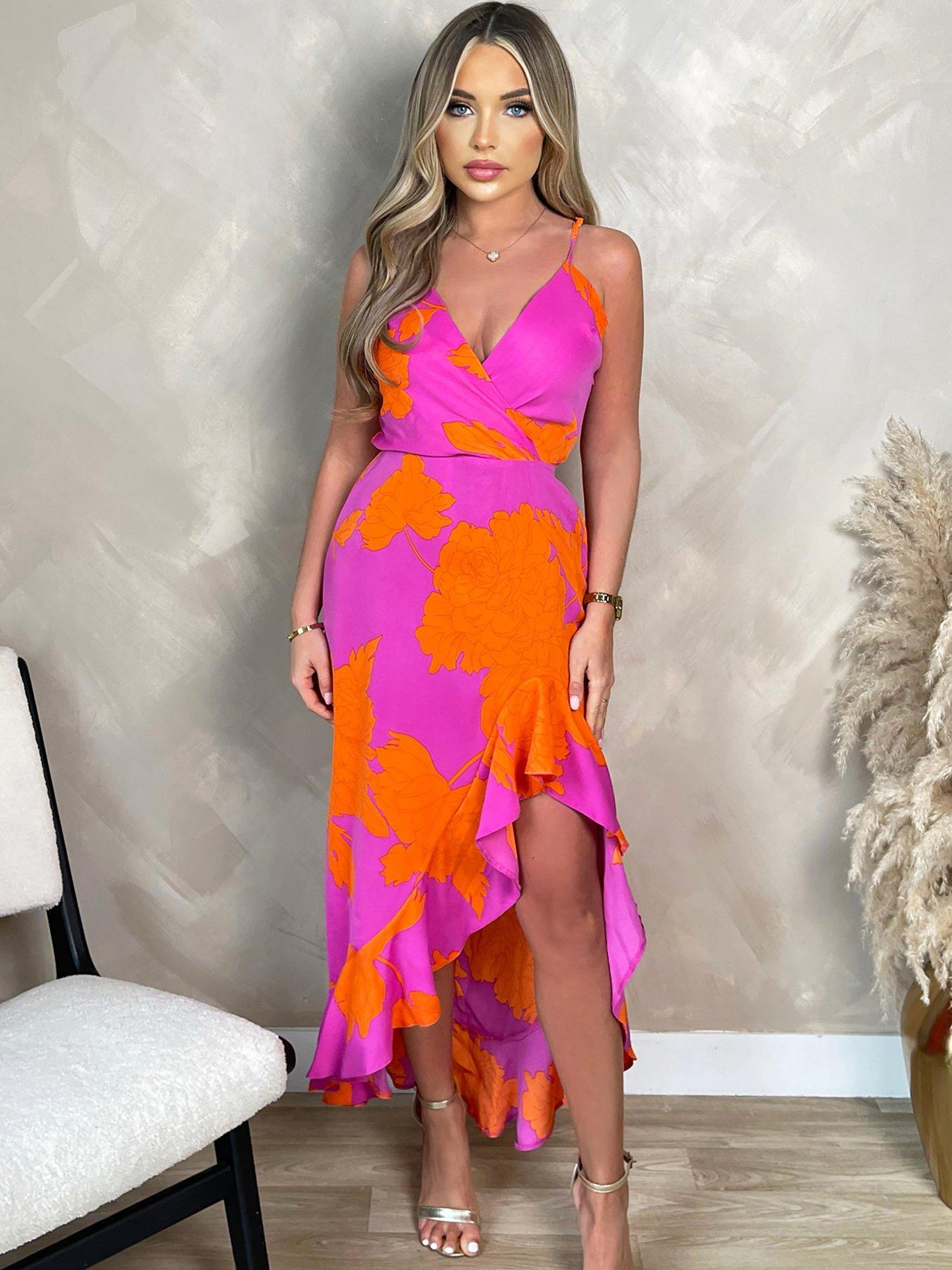 Ax Paris Printed Strappy Midi Dress Pink Orange Uk