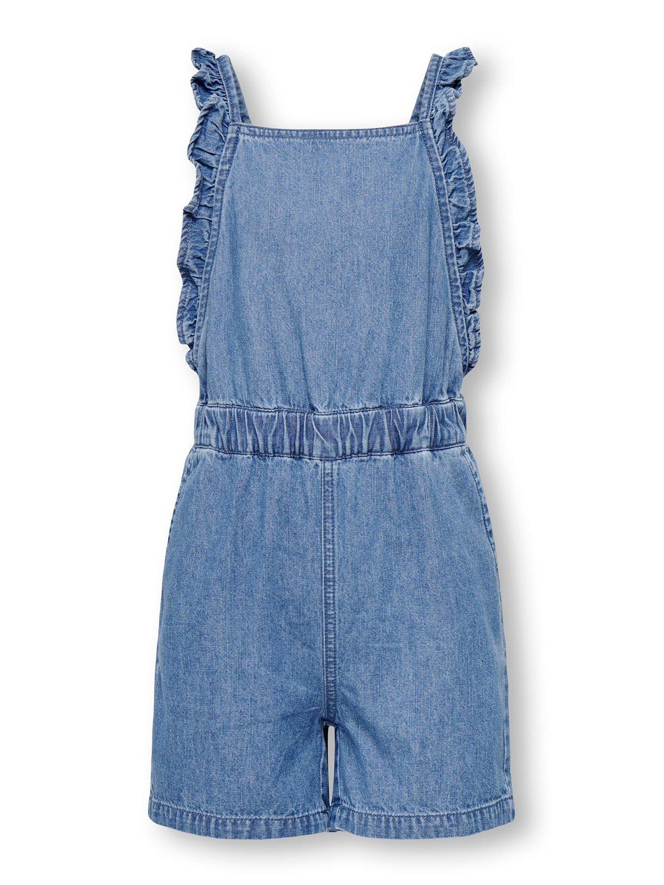 Only Kids Girls Frill Denim Playsuit - Medium Blue Denim | Very.co.uk