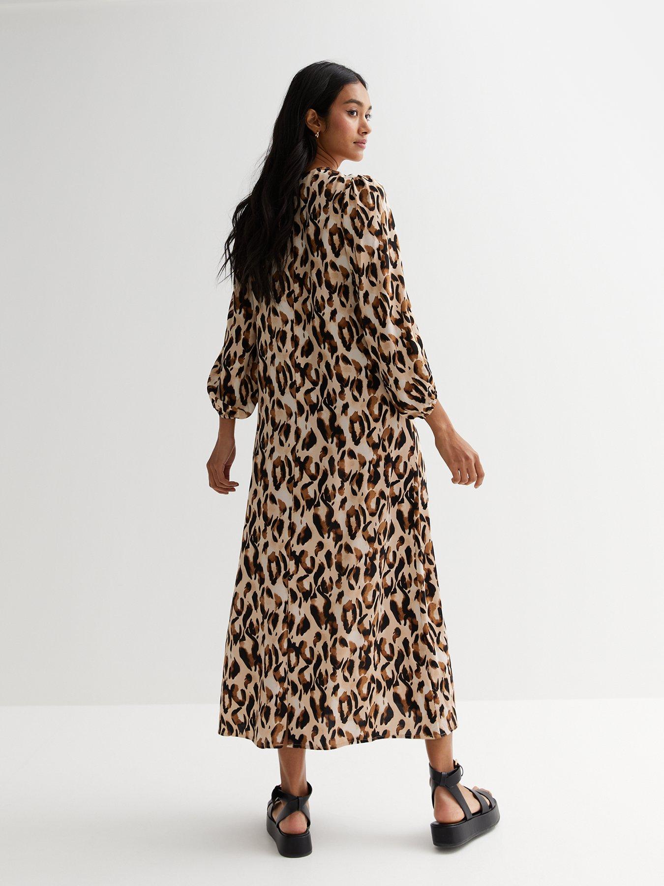 New Look Brown Leopard Print Puff Sleeve Midi Smock Dress Uk
