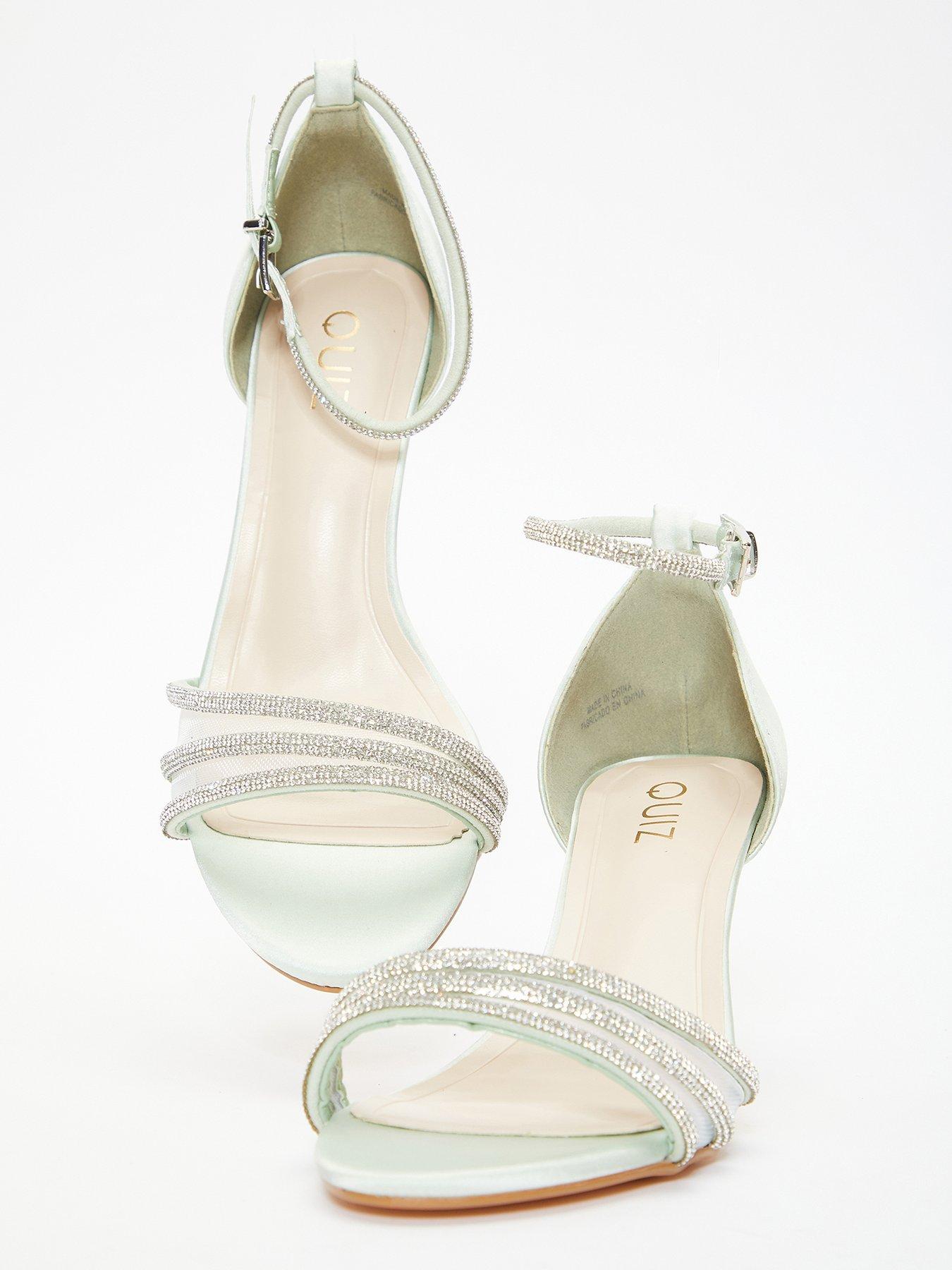 Quiz Satin Diamante Mesh Low Heels - Light Green | Very