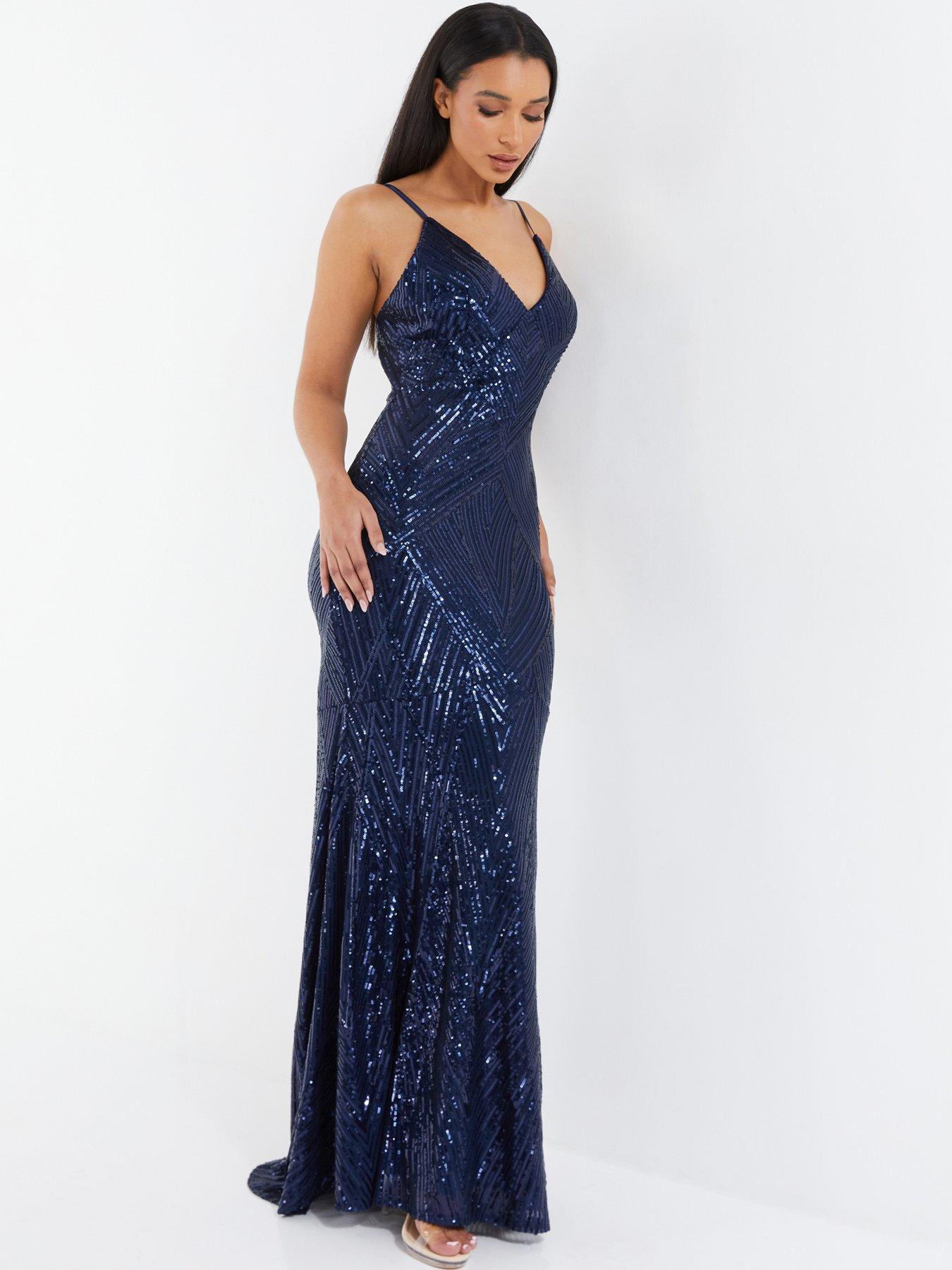 Quiz Sequin Fishtail Maxi Dress - Dark Blue | Very