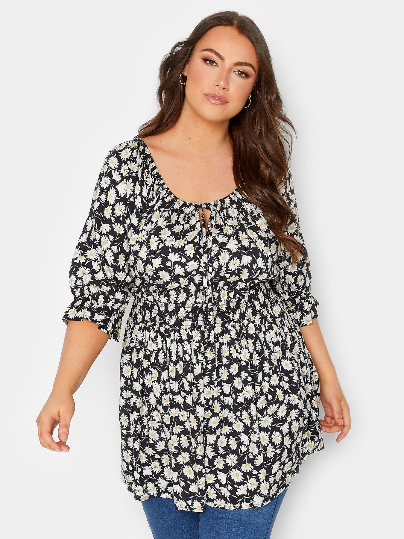 Yours Shirred Waist Gypsy Top - Lime Pop Floral | Very