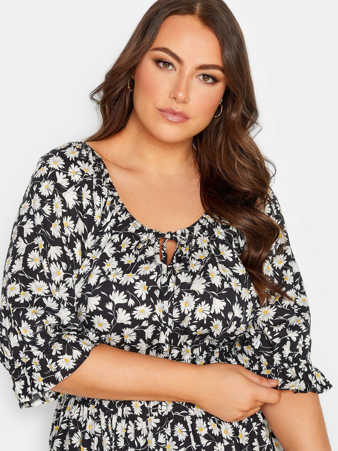 Yours Shirred Waist Gypsy Top - Lime Pop Floral | Very
