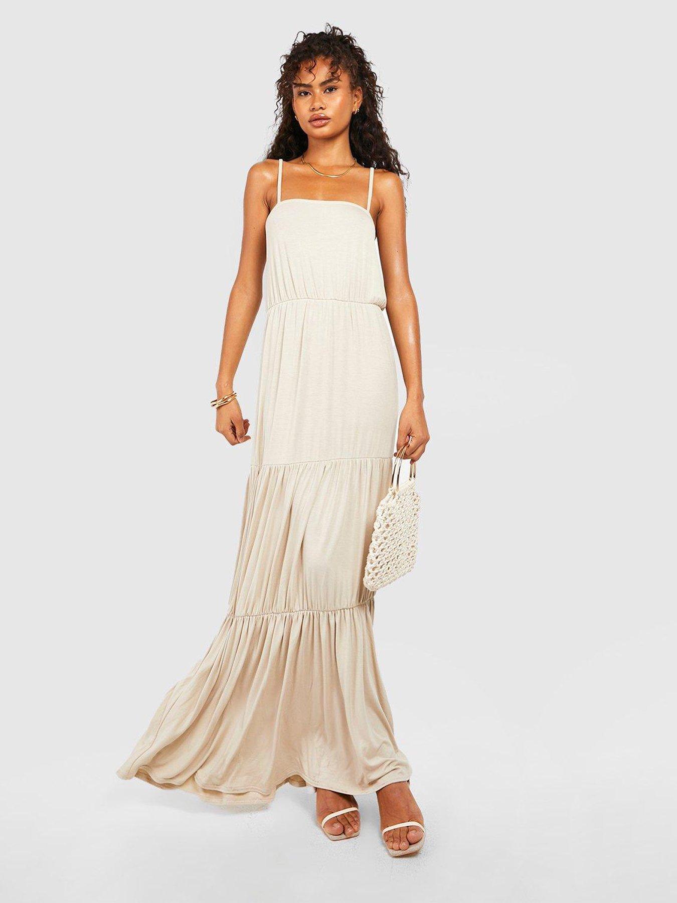 Boohoo Strappy Tiered Maxi Dress - Stone | very.co.uk
