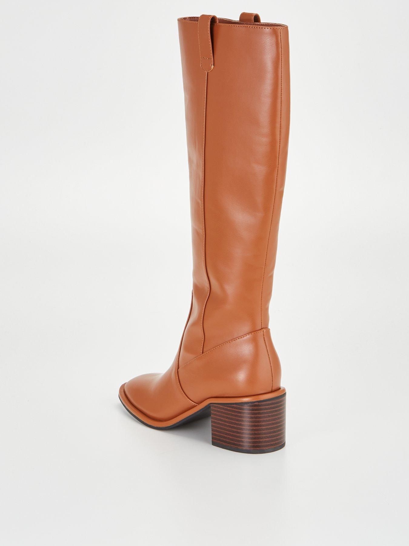 V by Very Block Heel Straight Leg Knee Boot with Stack Heel - Brown ...