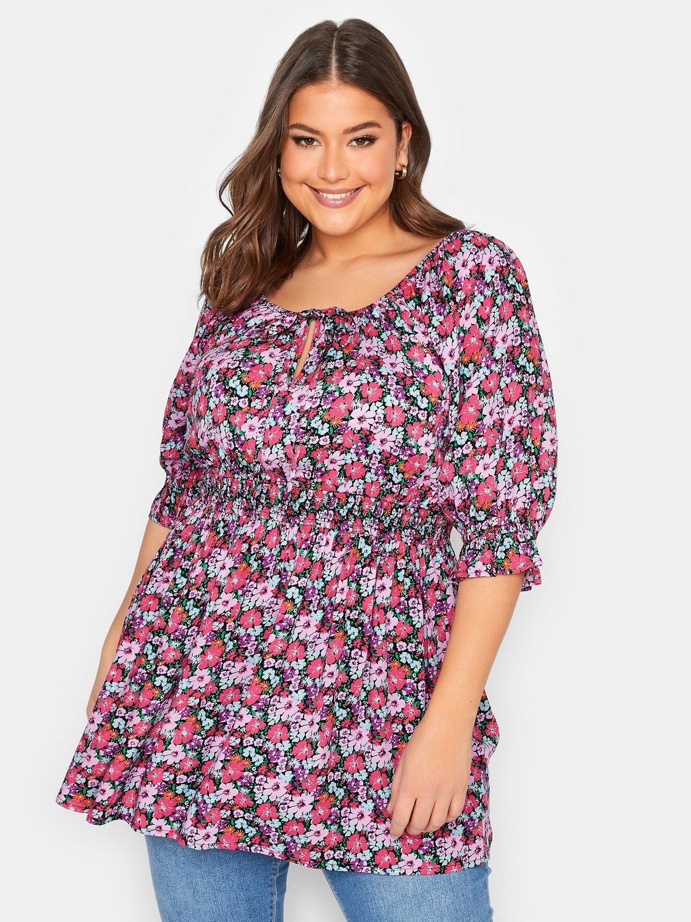 Yours Floral Cluster Print Shirred Waist Gypsy Top - Pink | Very