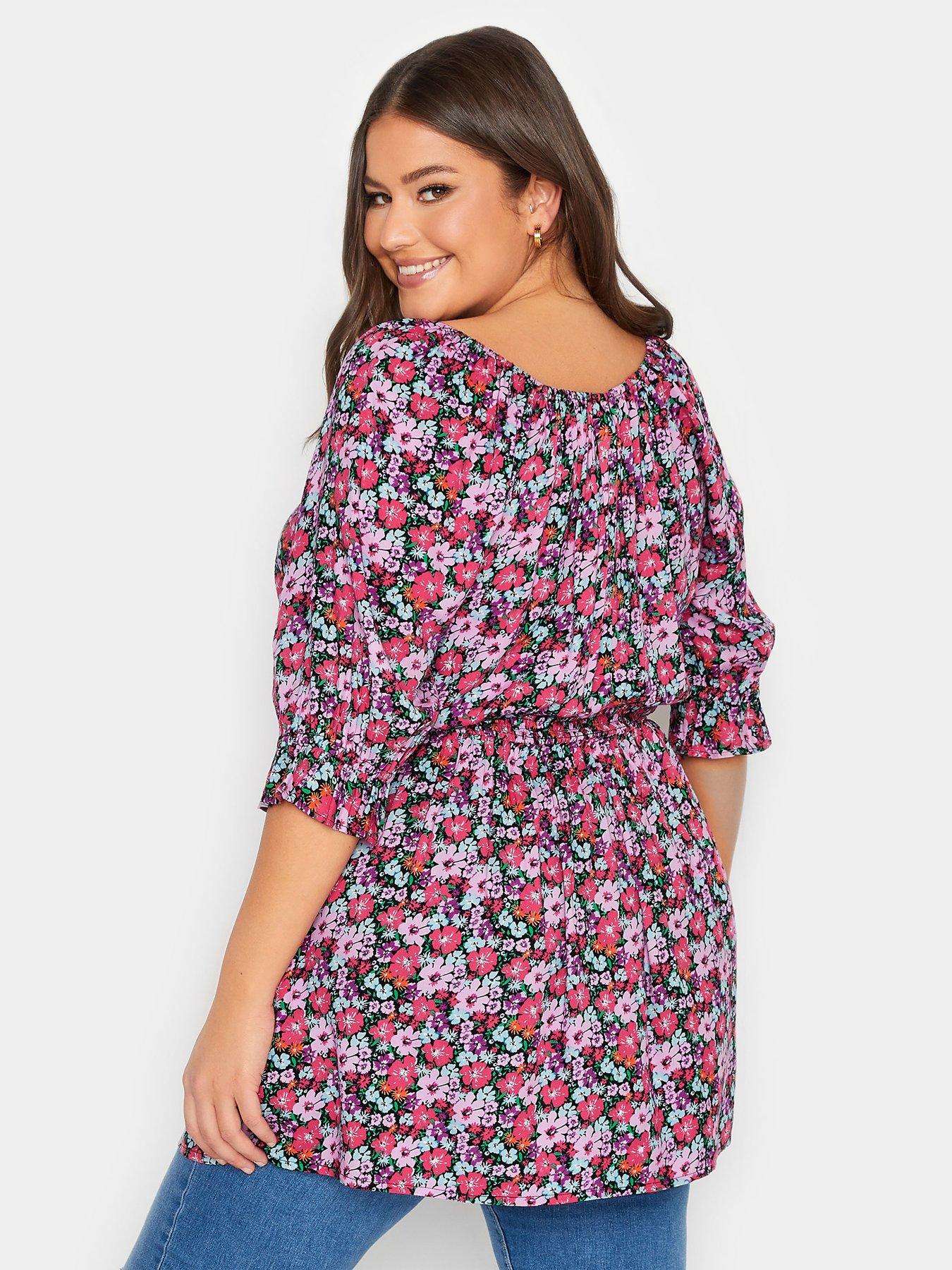 Yours Floral Cluster Print Shirred Waist Gypsy Top - Pink | Very