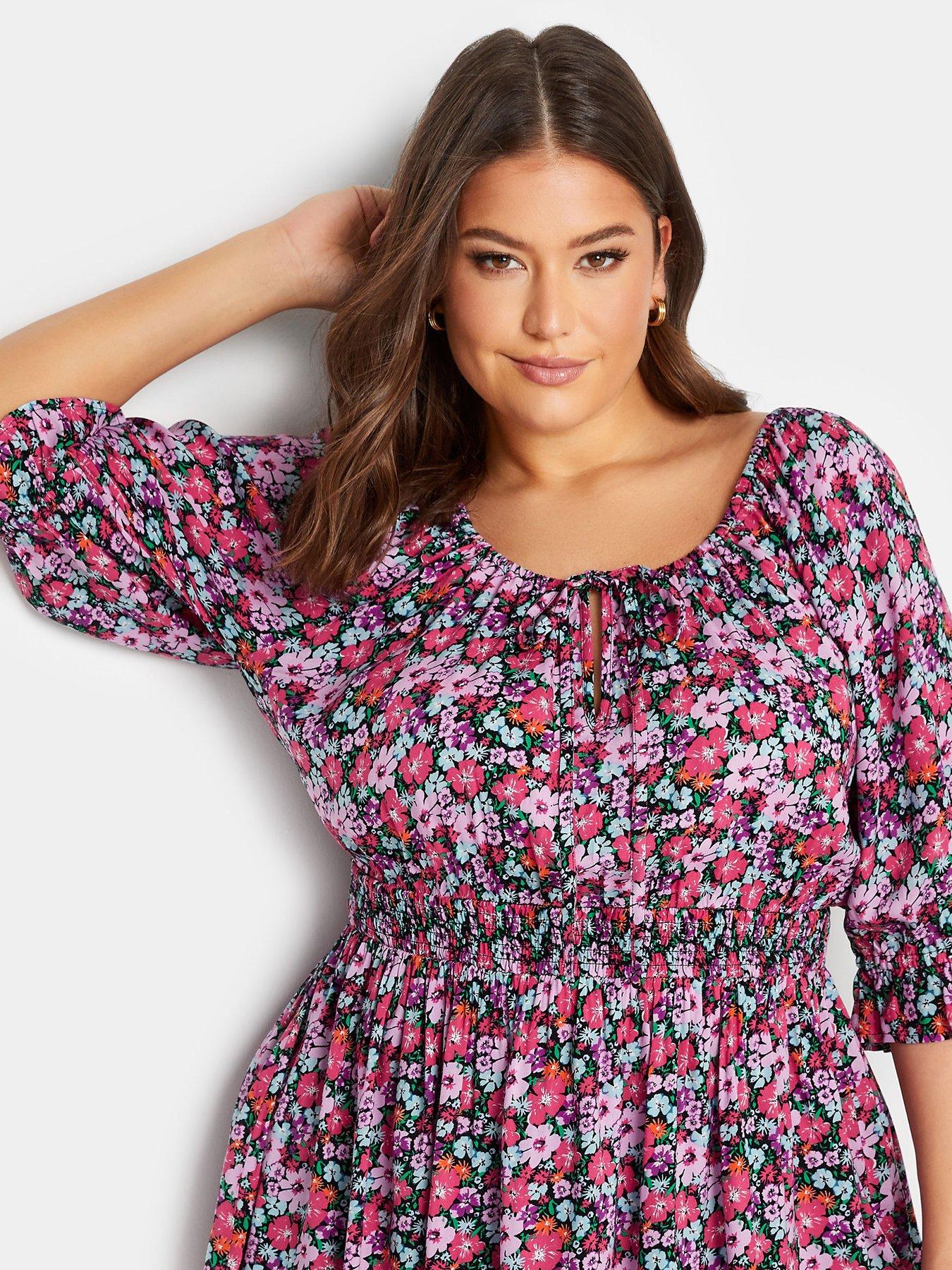 Yours Floral Cluster Print Shirred Waist Gypsy Top - Pink | Very