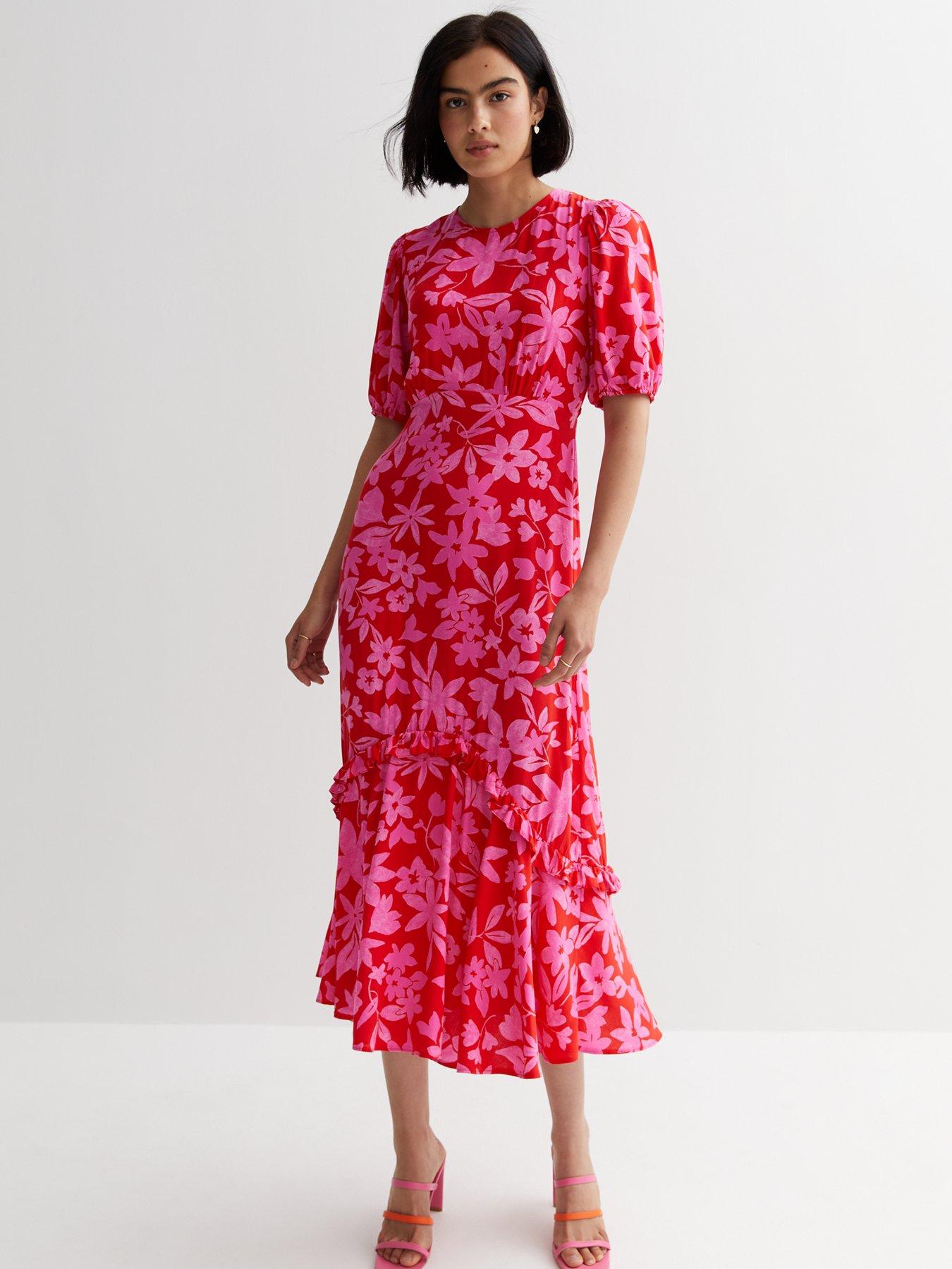 New Look Red Pattern Floral Tierred Midi Dress | Very.co.uk