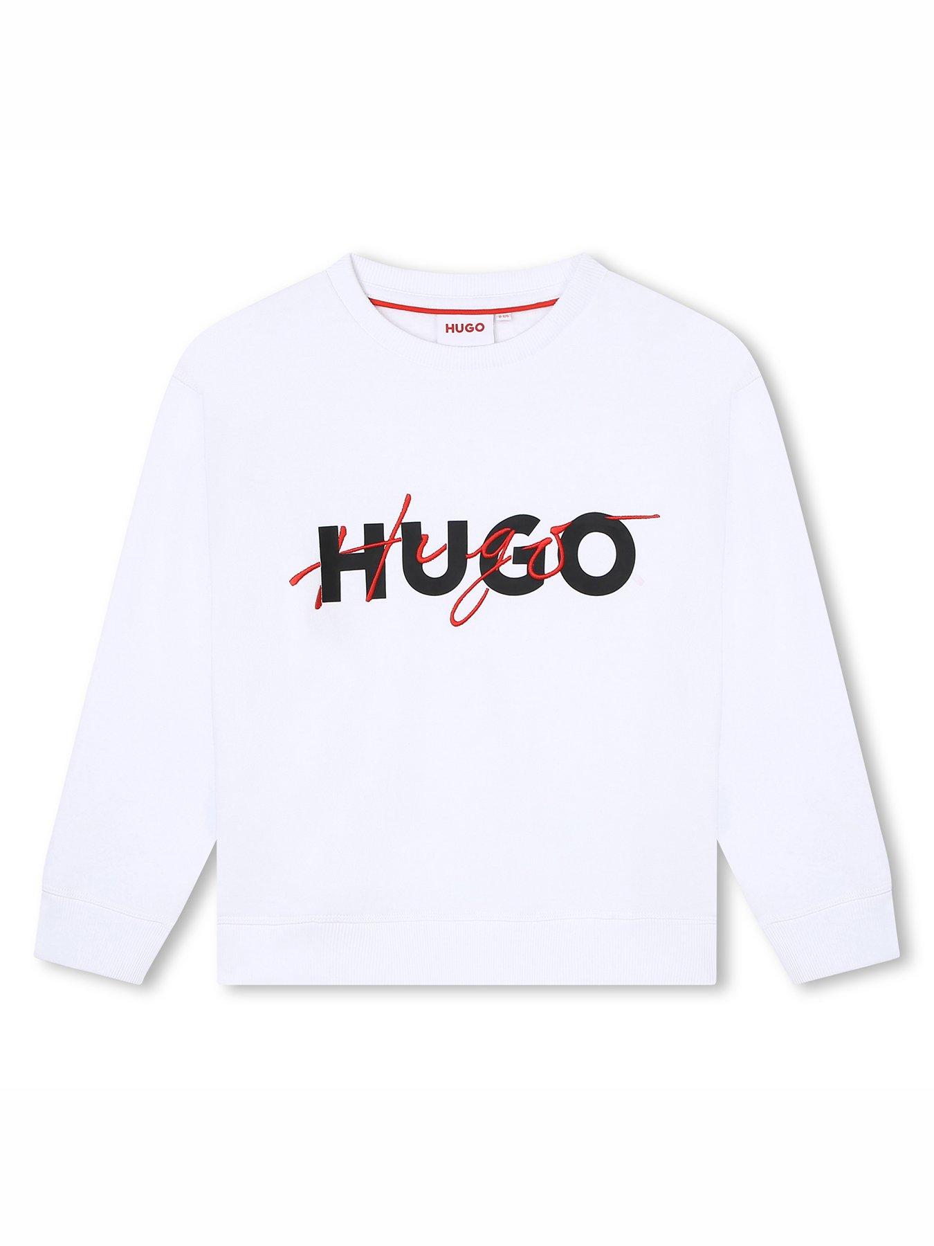 HUGO Boys Embroidered And Print Logo Sweatshirt - White | very.co.uk