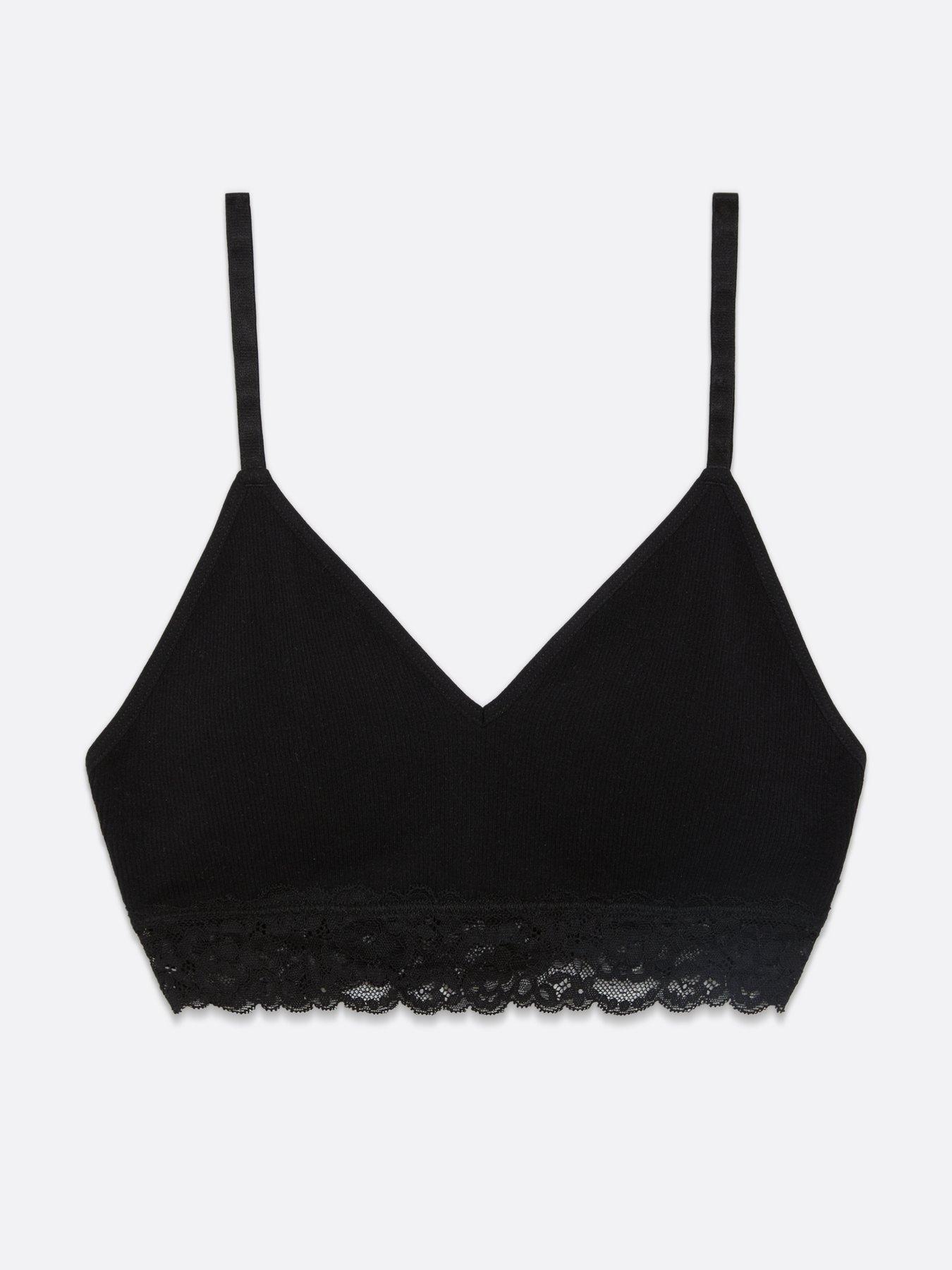 New Look Black Ribbed Lace Trim Seamless Crop Top Bra Uk
