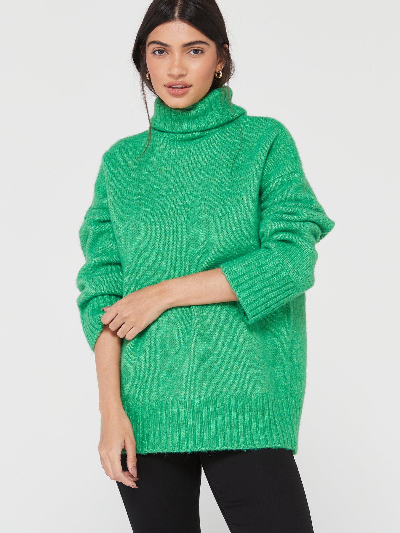 PIECES Nancy Long Sleeve Loose Roll Neck Knit Jumper - Green | Very