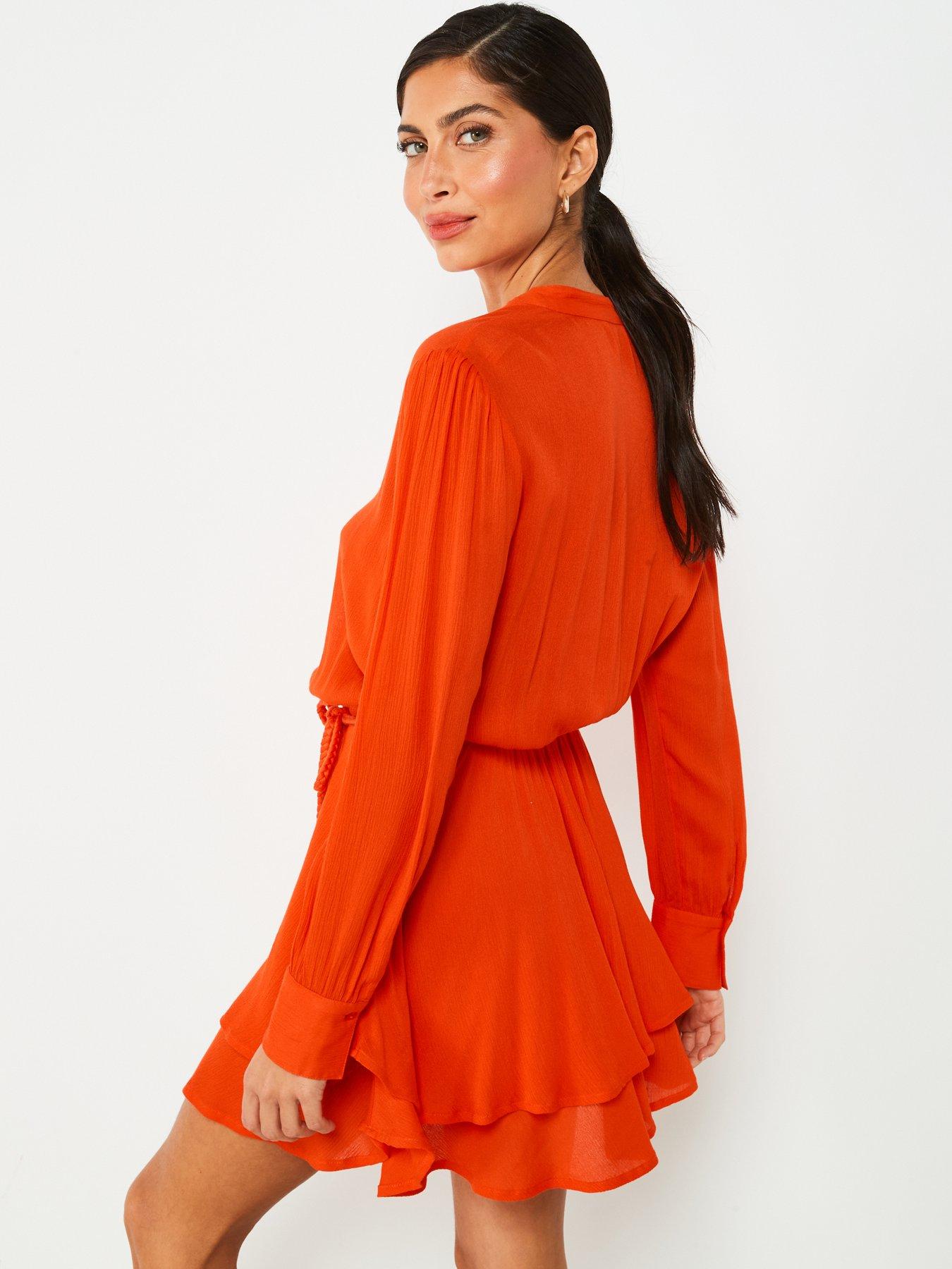 V by Very Crinkle Belted Long Sleeve Dress - Orange | Very