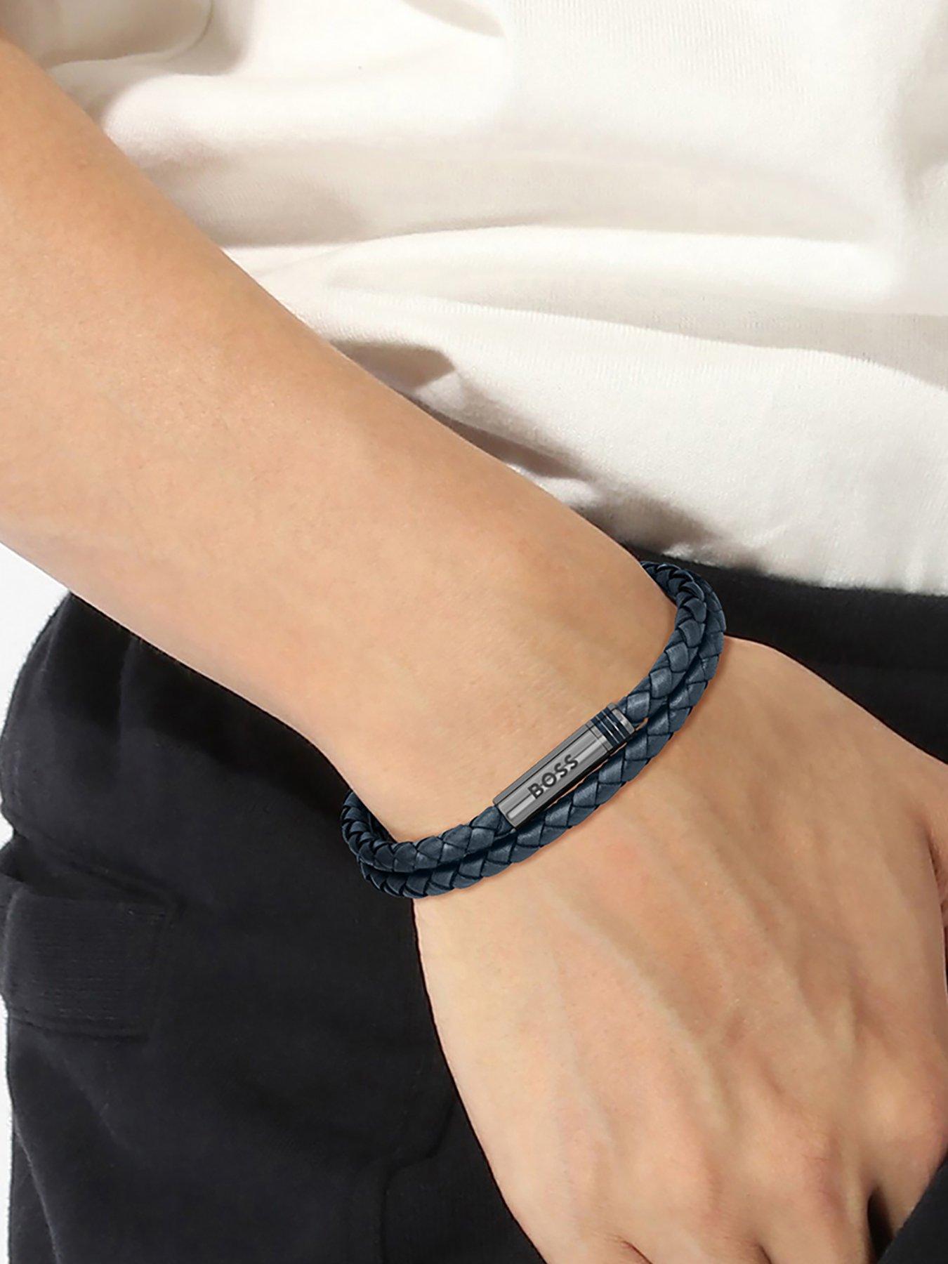 BOSS Gents Ares Navy Blue Double Wrap Leather Bracelet | Very