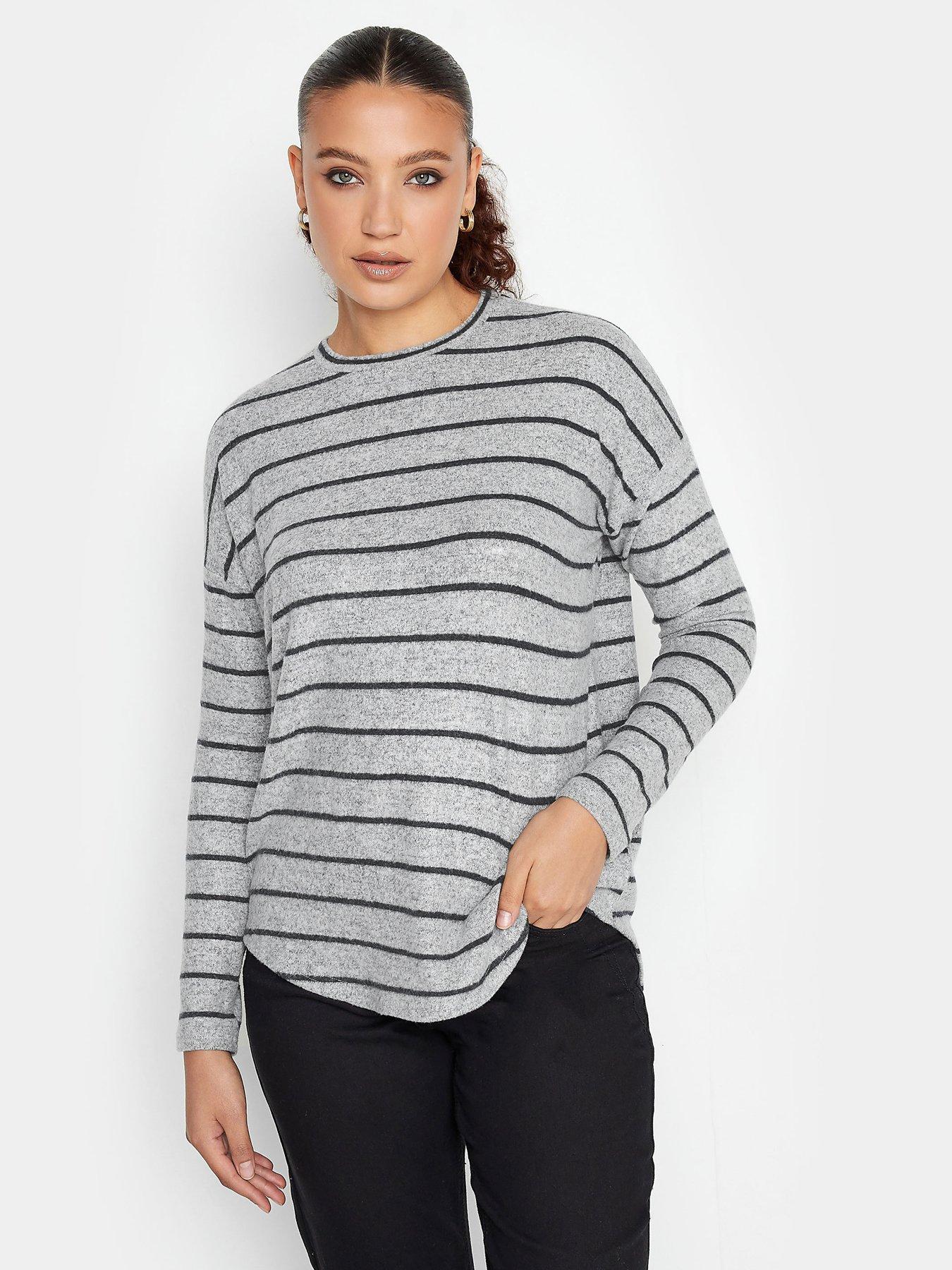 Long Tall Sally Stripe Curved Hem Top - Grey | Very