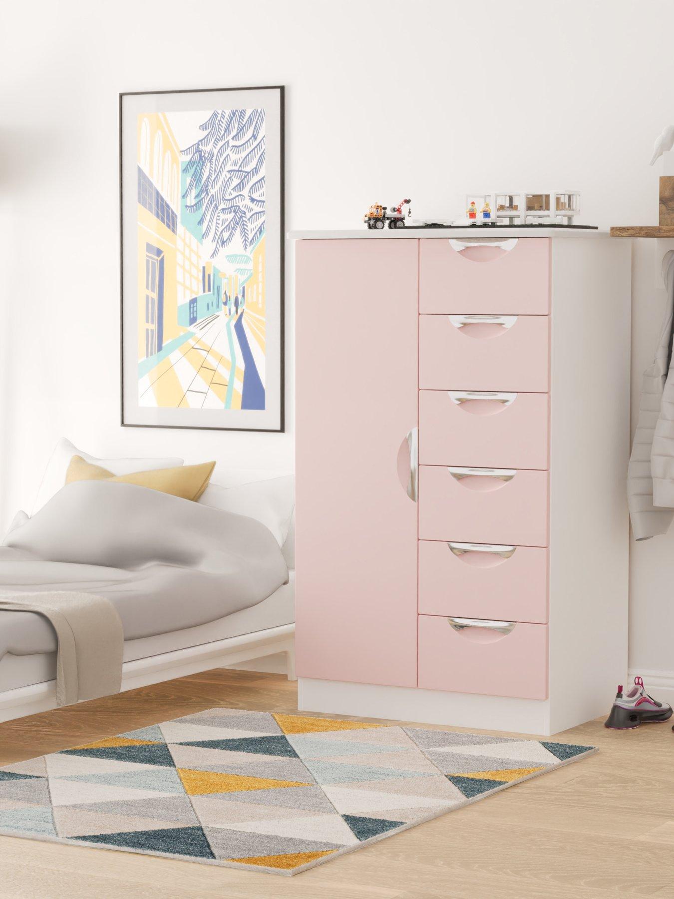 Alva Ready Assembled 1 Door 6 Drawer Compact Midi Wardrobe Pink