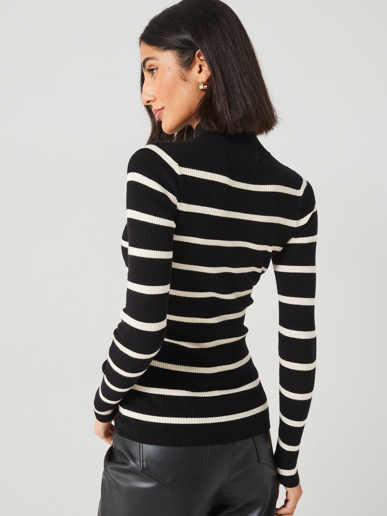 V by Very Funnel Neck Stripe Rib Knitted Jumper - Mono | Very