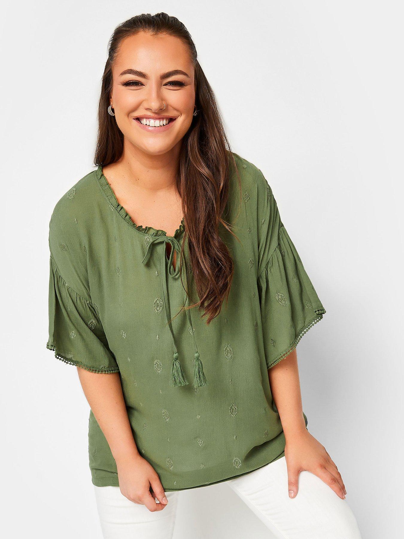 Yours Khaki Woven Front Emb Gypsy Top | Very