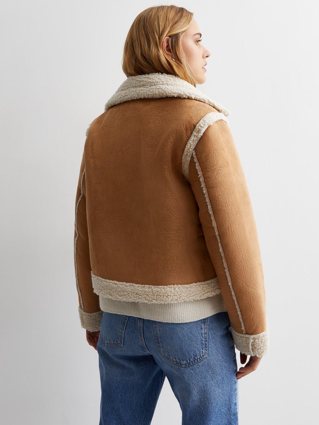 New Look Tan Faux Shearling Cropped Aviator Jacket | Very