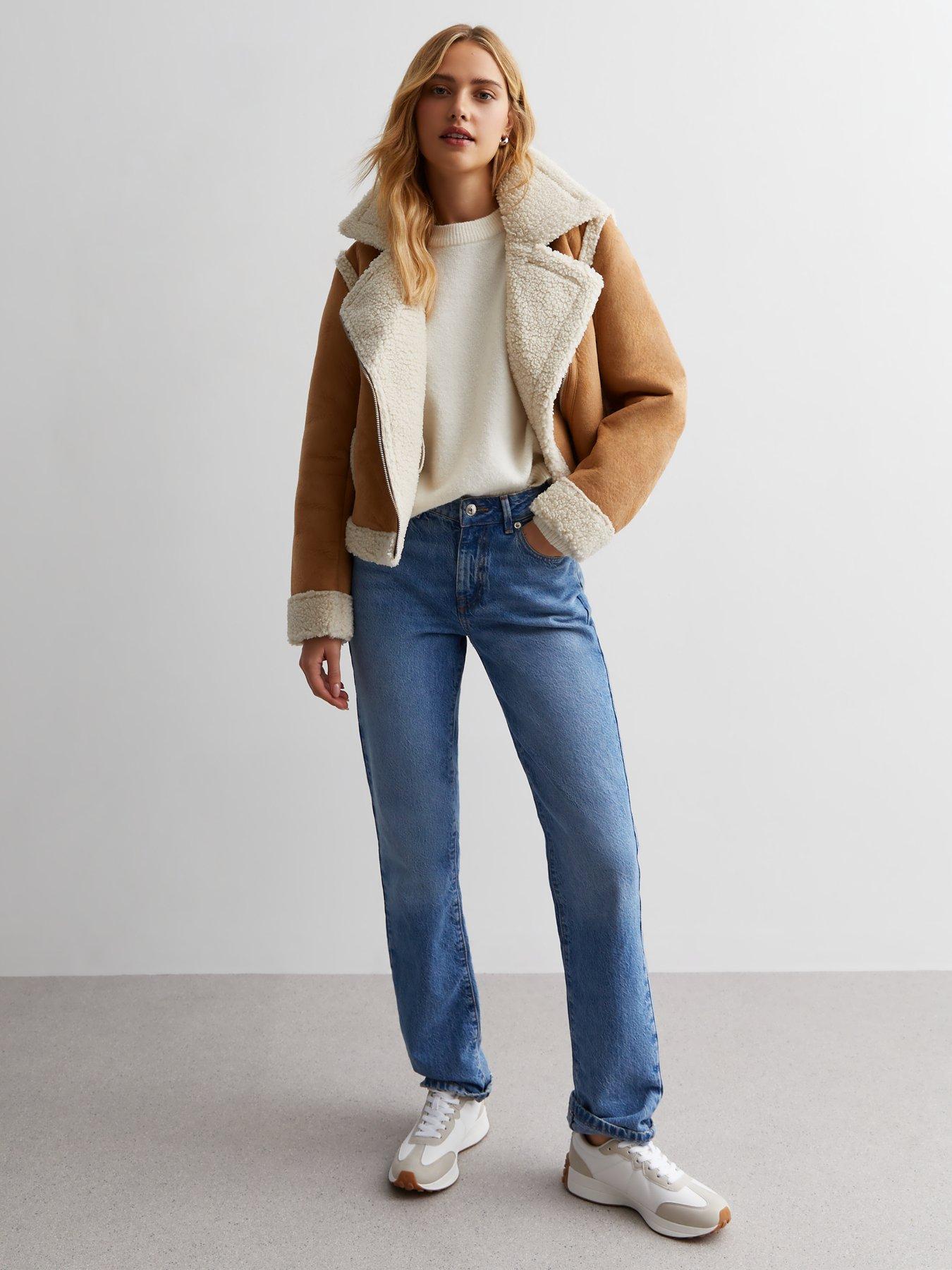 New Look Tan Faux Shearling Cropped Aviator Jacket | Very