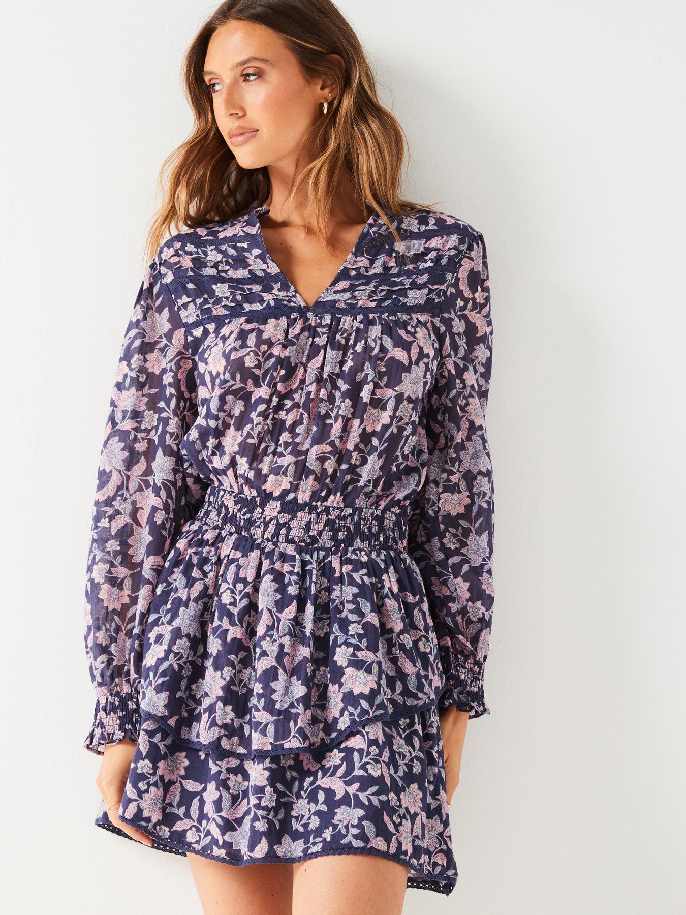 Mango Floral Print V-neck Puffed Sleeves Dress - Purple | Very