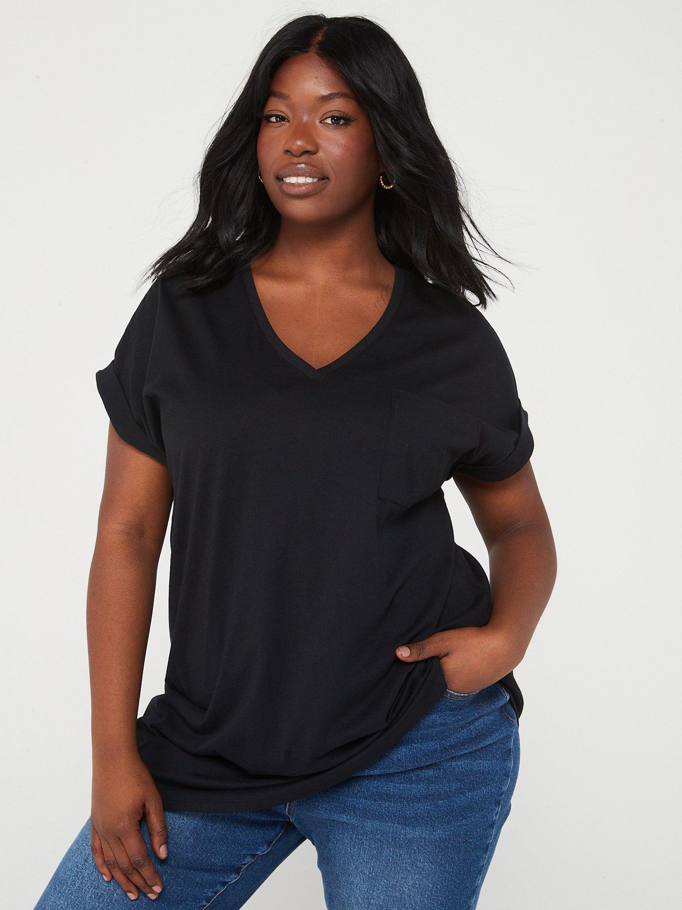 V by Very Curve V Neck Pocket T-Shirt - Black | very.co.uk
